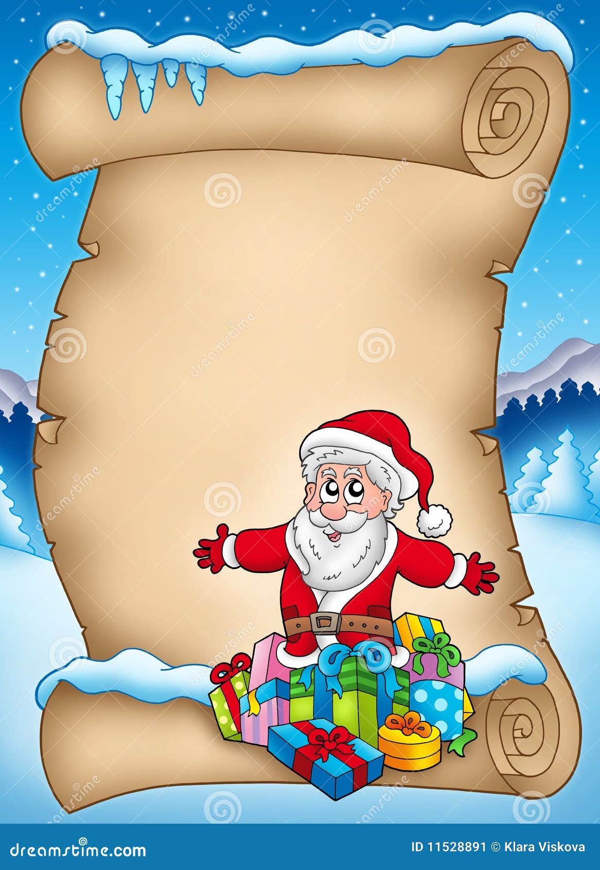 Winter Parchment with Santa and Gift Stock Illustration - Illustration ...