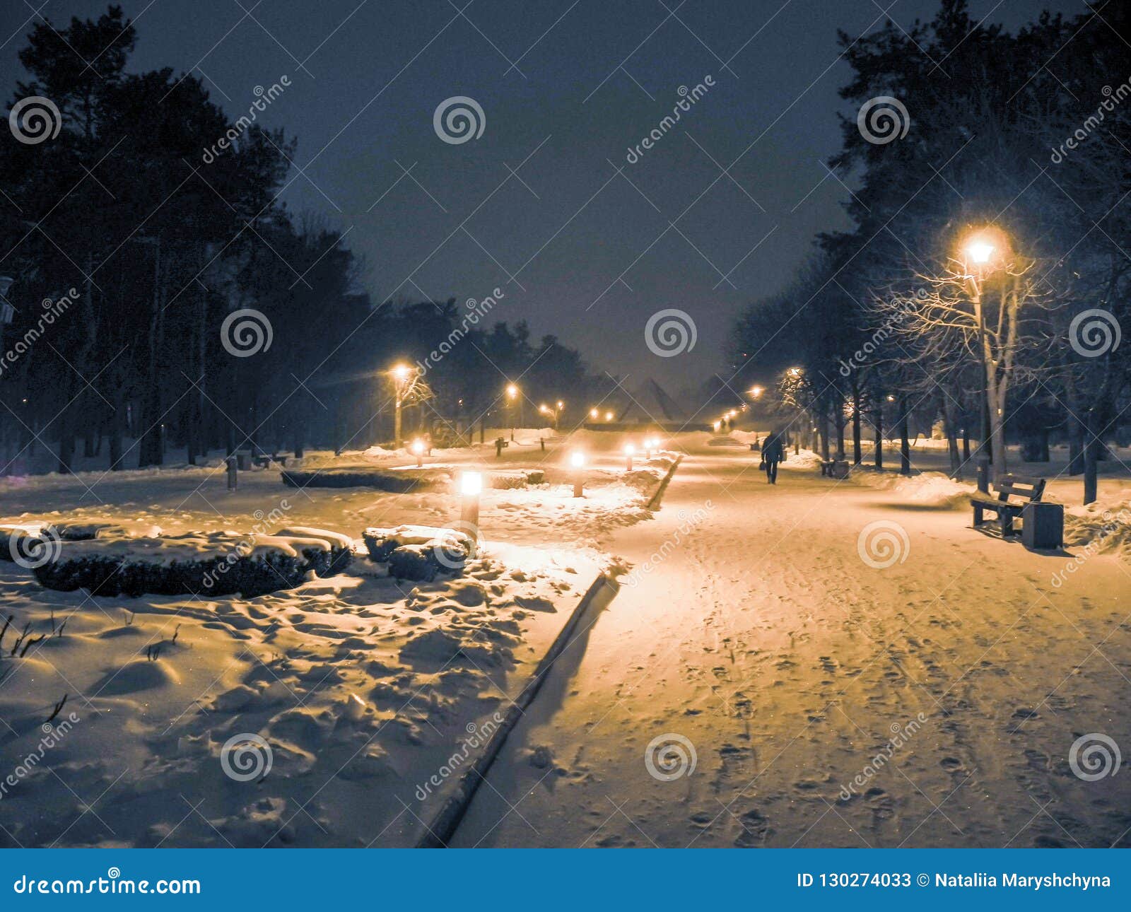 Winter Park at Night. Snowfall and Orange Light Lanterns. Stock Image ...