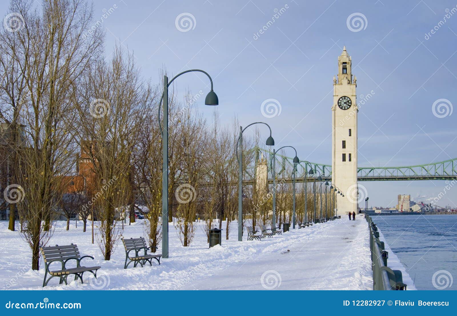 Winter Park by River Clock Tower Snow Montreal Stock Image - Image of ...