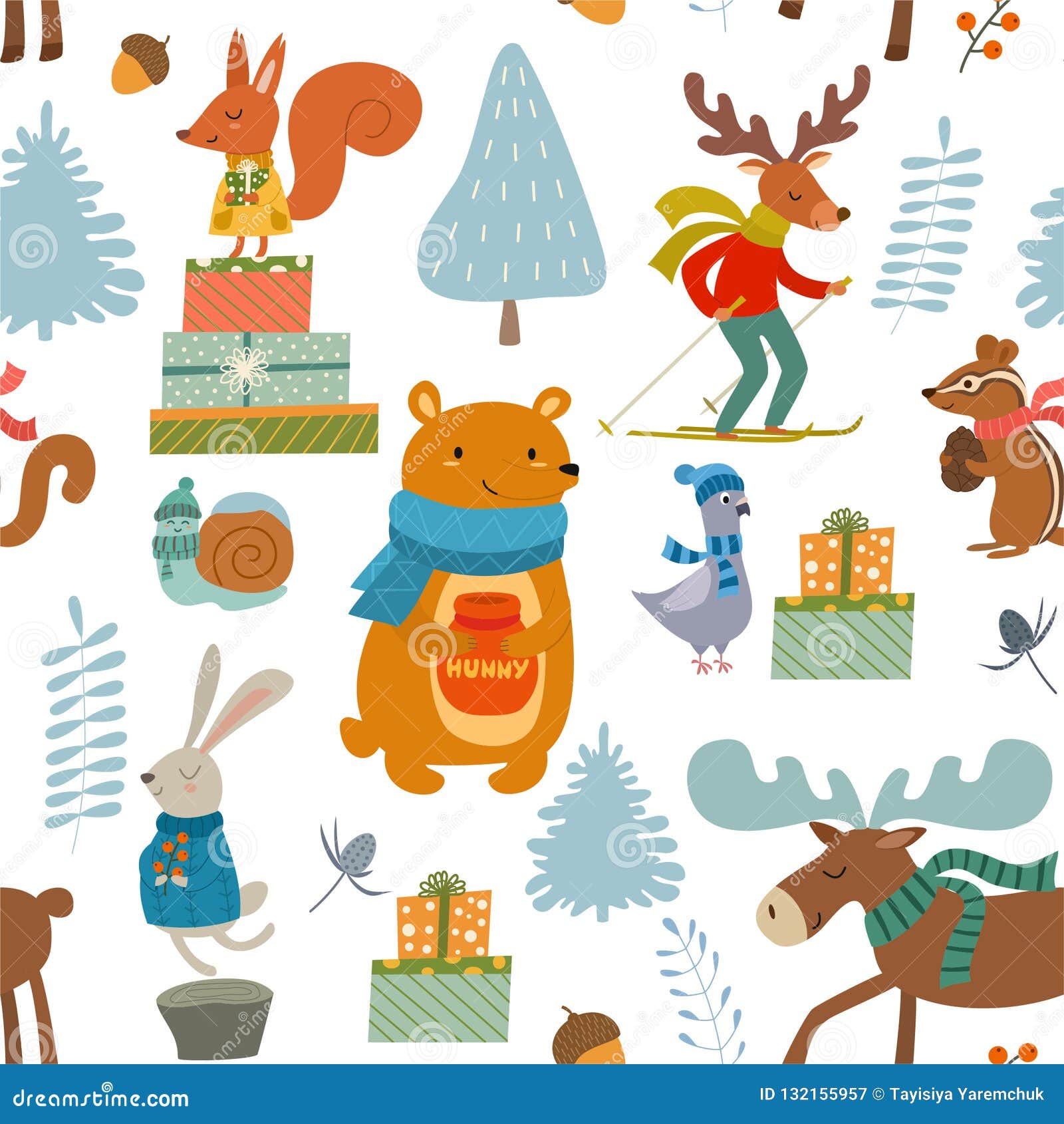 Winter Pattern with Cartoon Characters Animals. Vector Seamless Texture ...