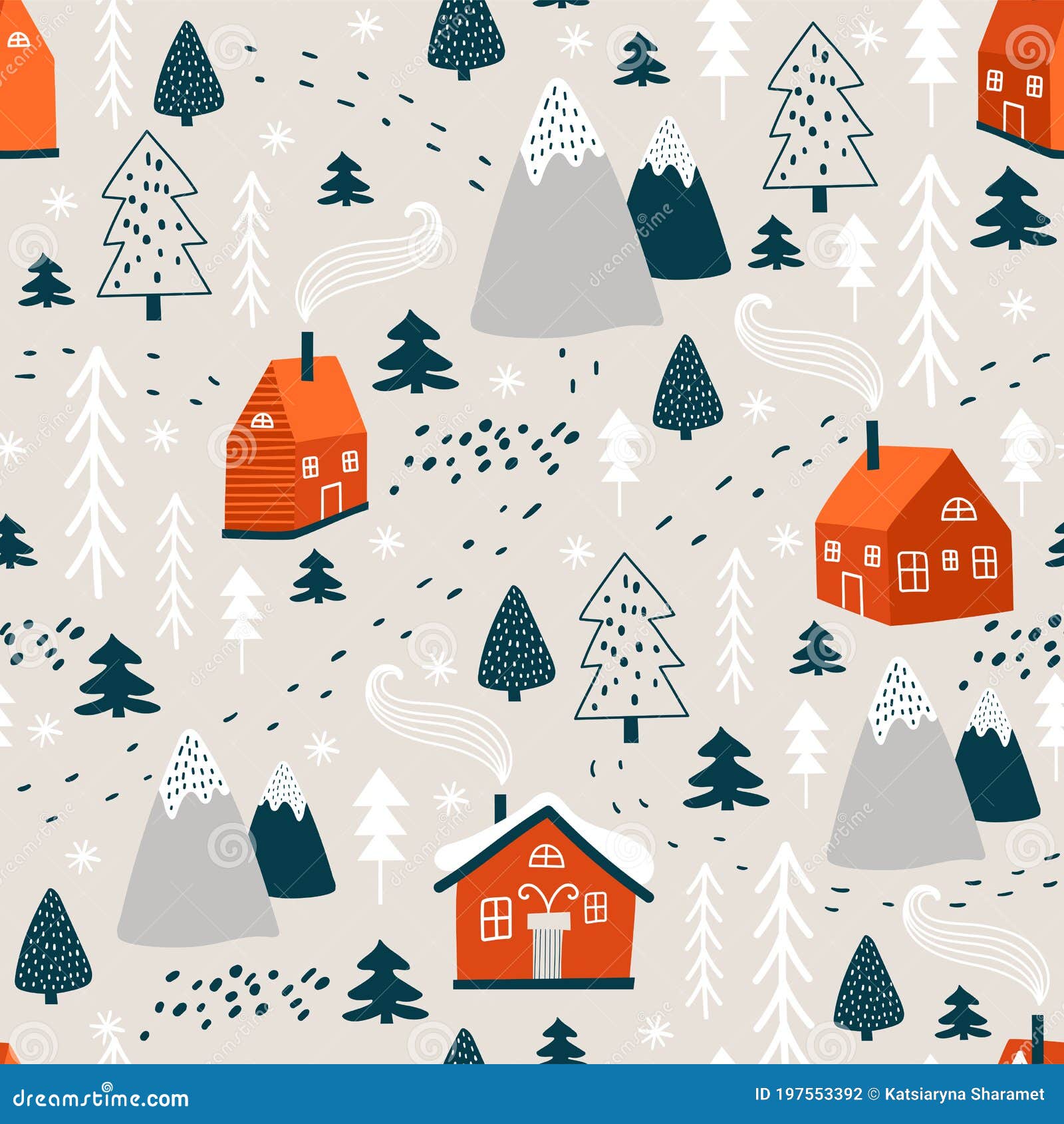 Winter Pattern with Christmas Tree and House. Vector Stock Vector ...