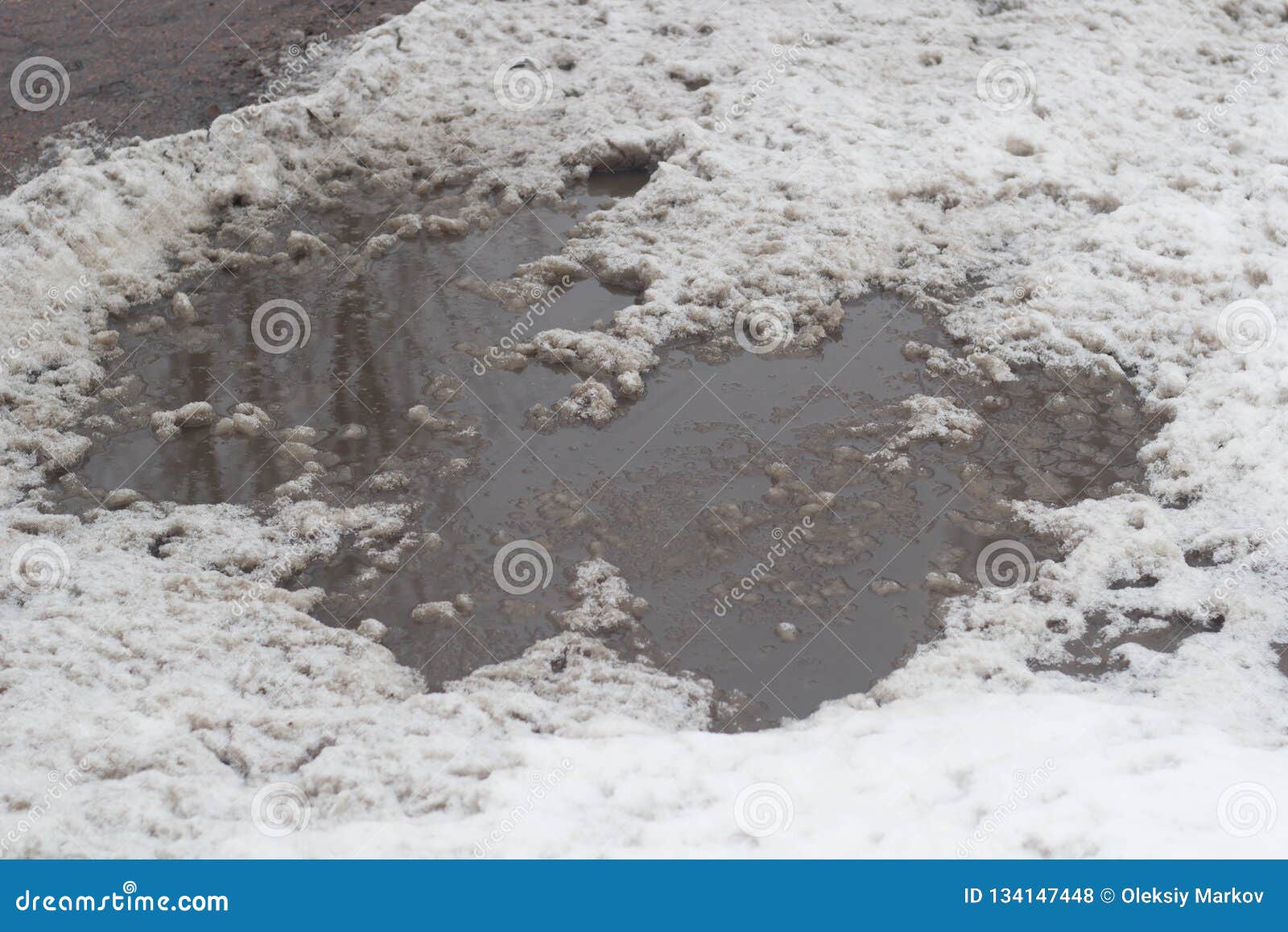 Winter Puddles and Snow Slush on Road Stock Photo - Image of plash ...