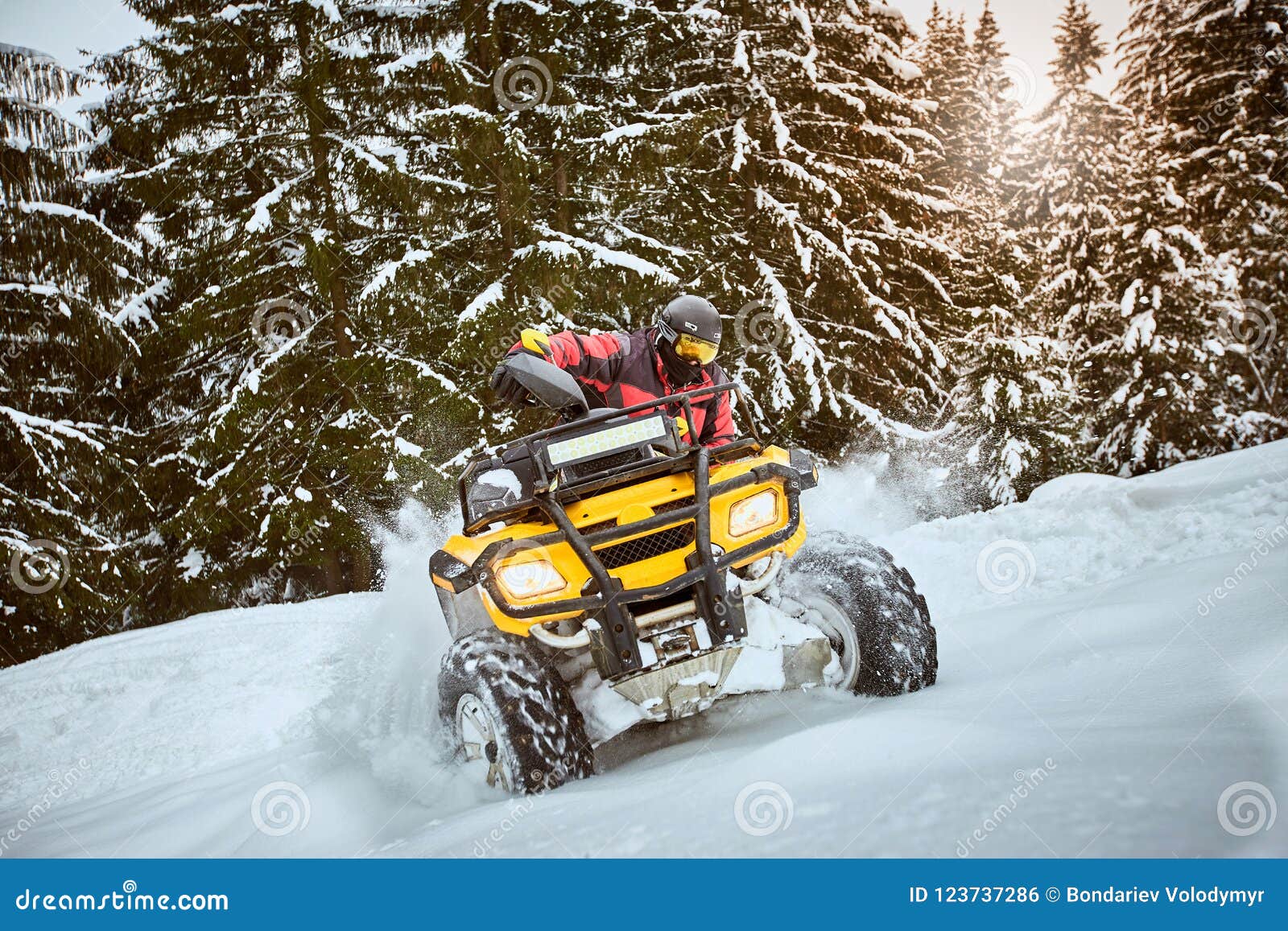 Winter Race on an ATV on Snow in the Forest. Stock Photo - Image of ...