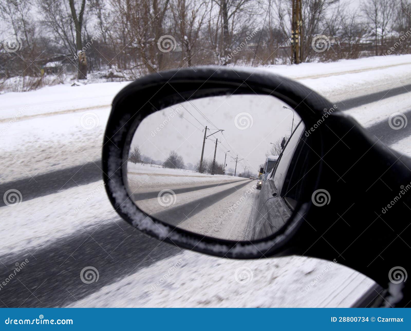 Winter Reflection in the Rearview Mirror Car Stock Photo - Image of ...