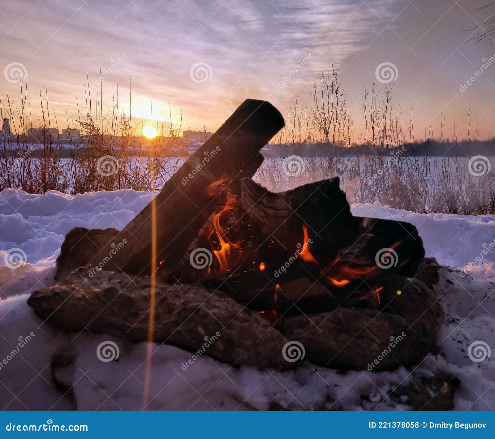 Winter river campfire stock photo. Image of screenshot - 221378058