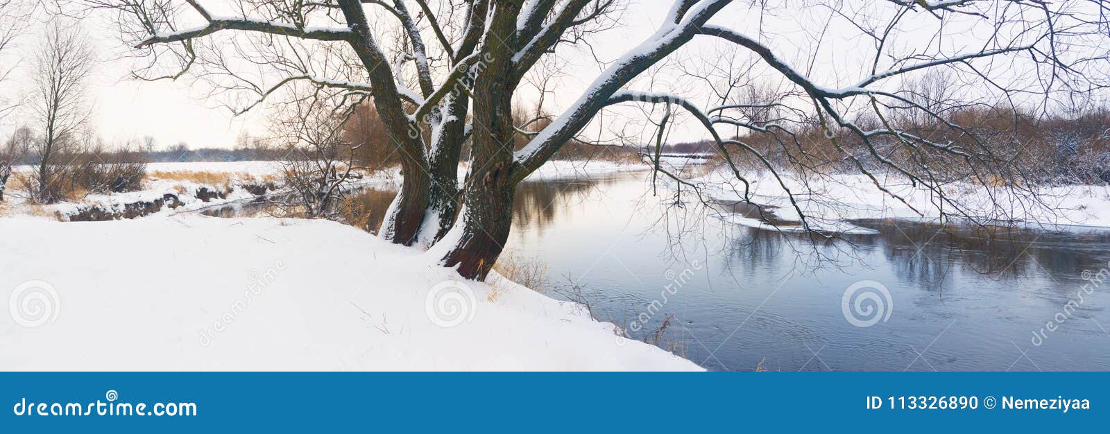 Winter river landscape. stock photo. Image of snowy - 113326890