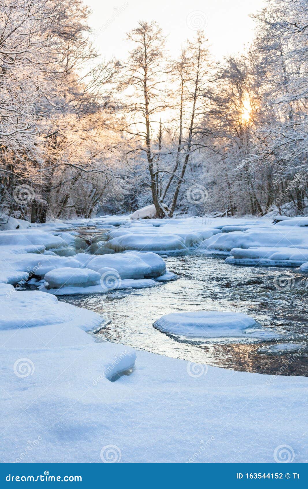 Winter river landscape stock photo. Image of flowing - 163544152