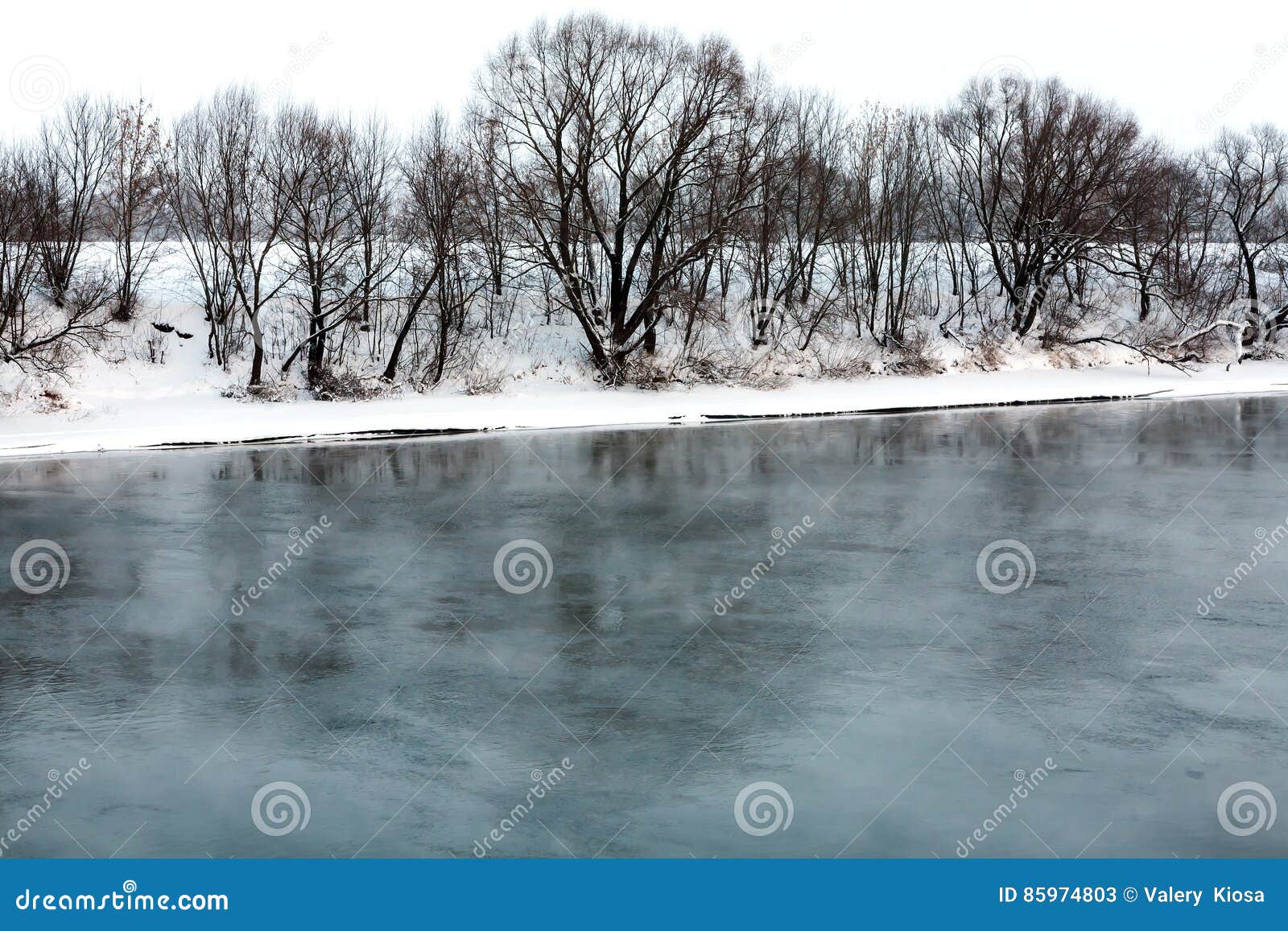 Winter River in a Overcast Day. Stock Image - Image of scene, riverside ...