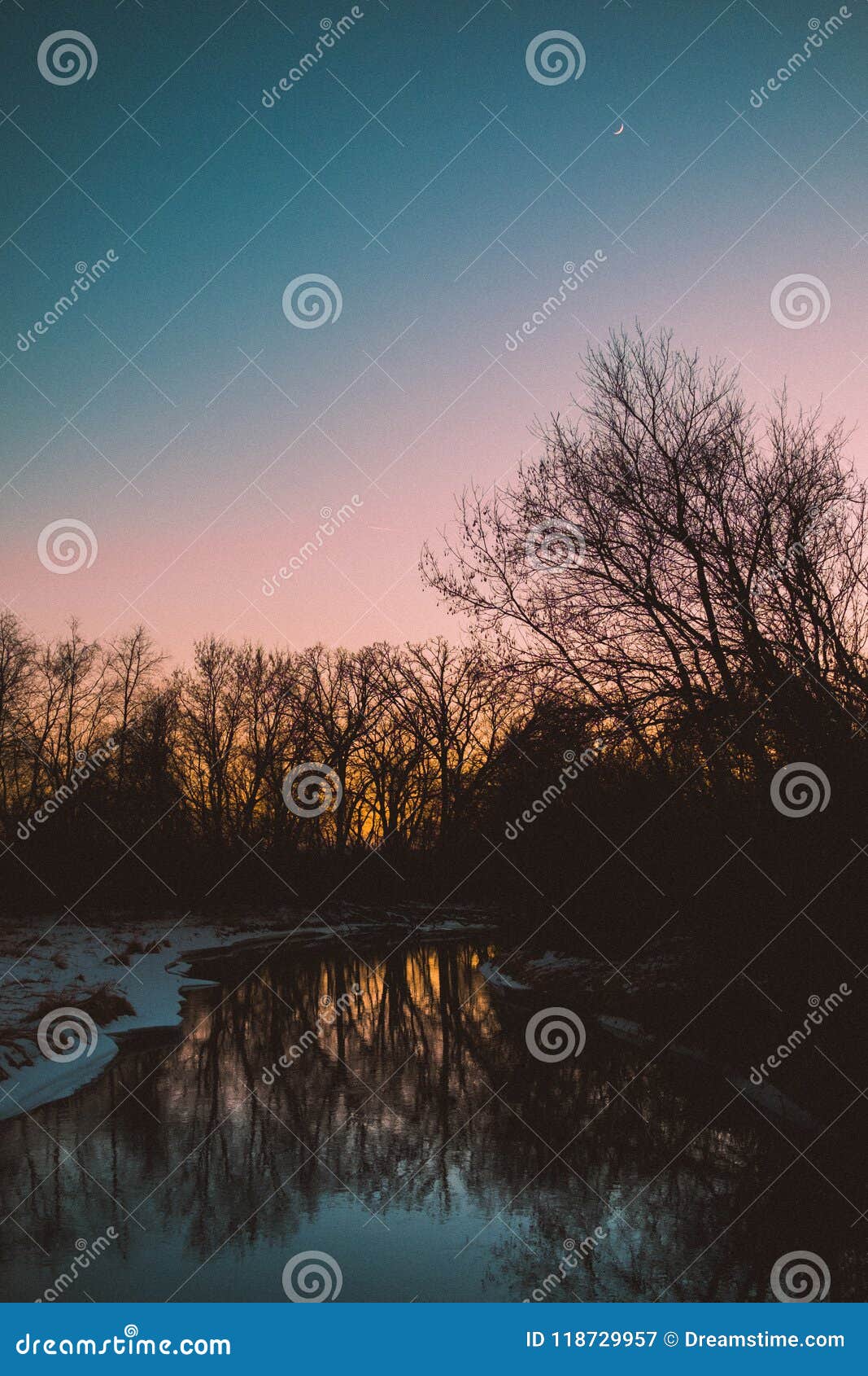 Winter River Sunset Moon stock image. Image of sunset - 118729957