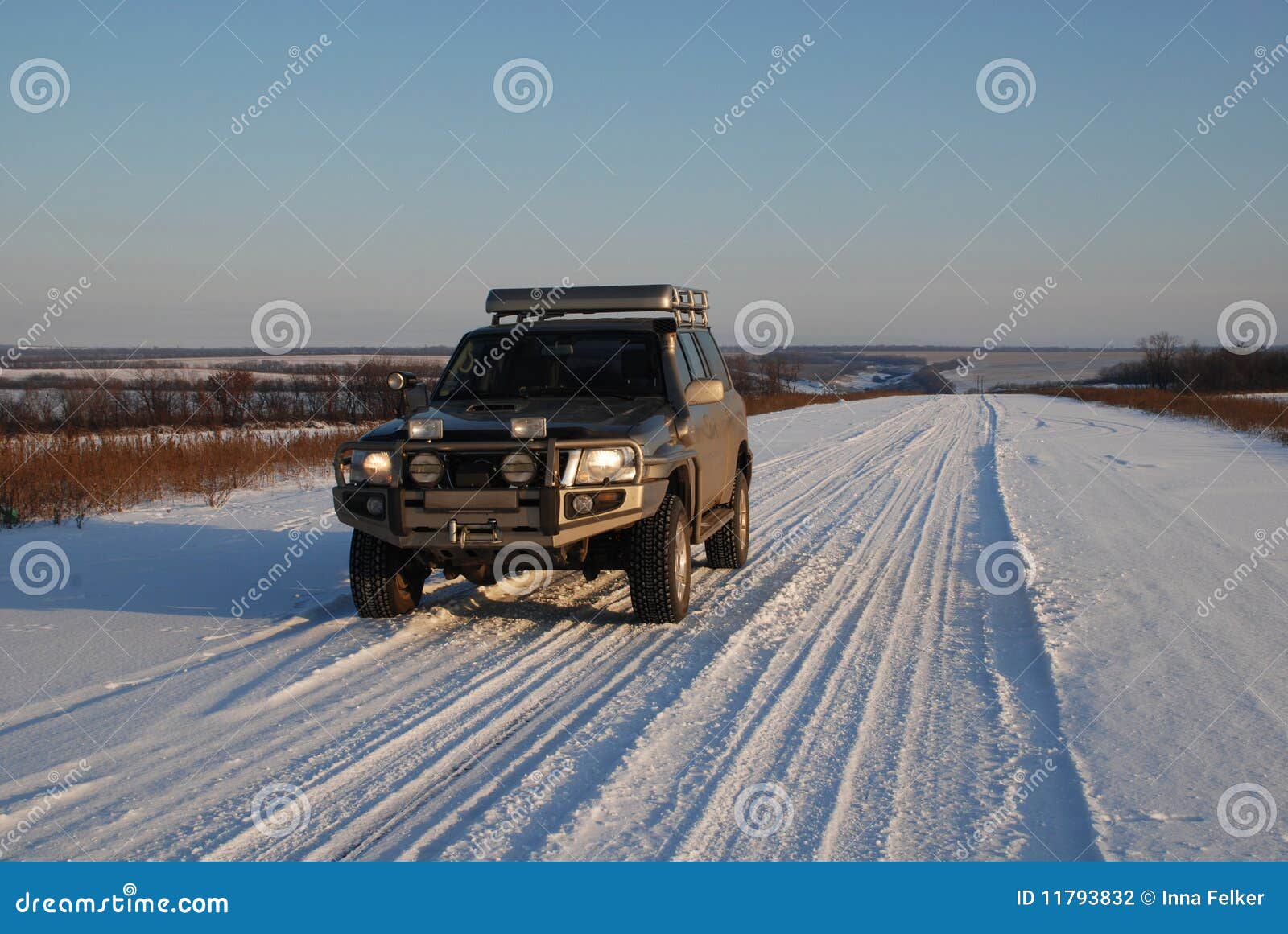 Winter road with car 4x4 stock photo. Image of scenics - 11793832