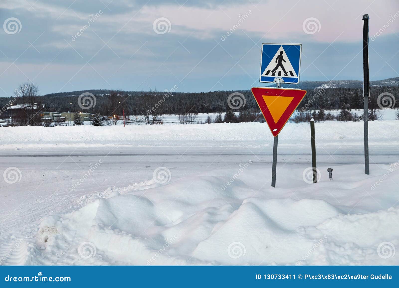 Winter Road Intersection stock image. Image of snow - 130733411