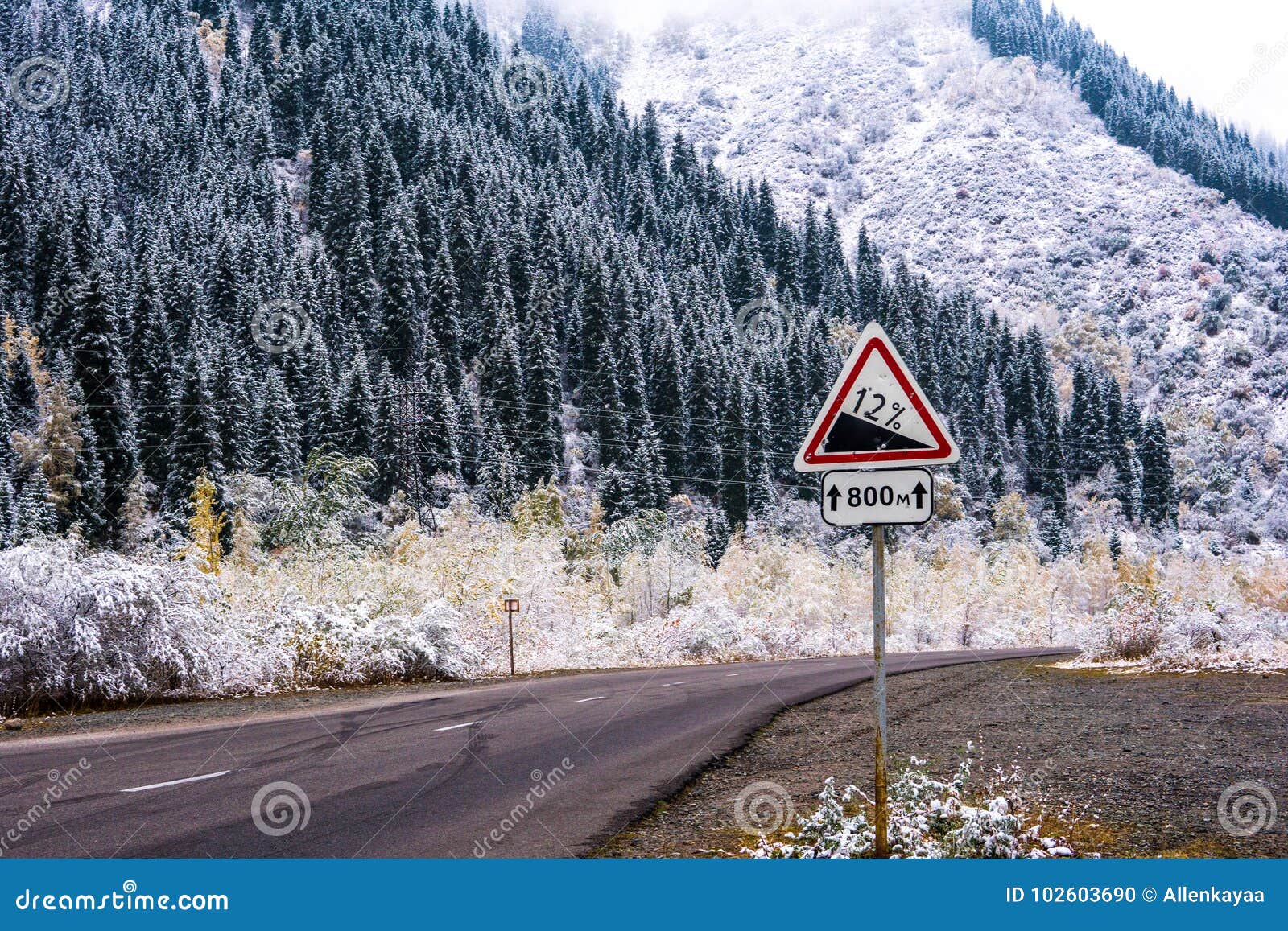 Winter Road in the Mountains and a Road Sign Stock Photo - Image of ...