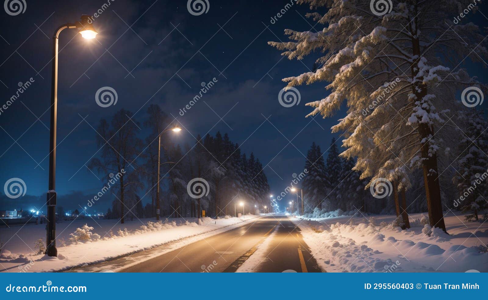 Winter Road at Night Lit by Street Lamp. Stock Illustration ...