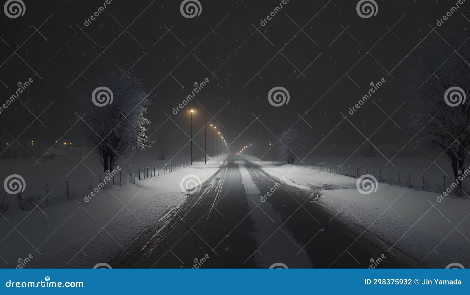 Winter Road at Night with Snow Covered Trees and Lanterns, 3d Render ...