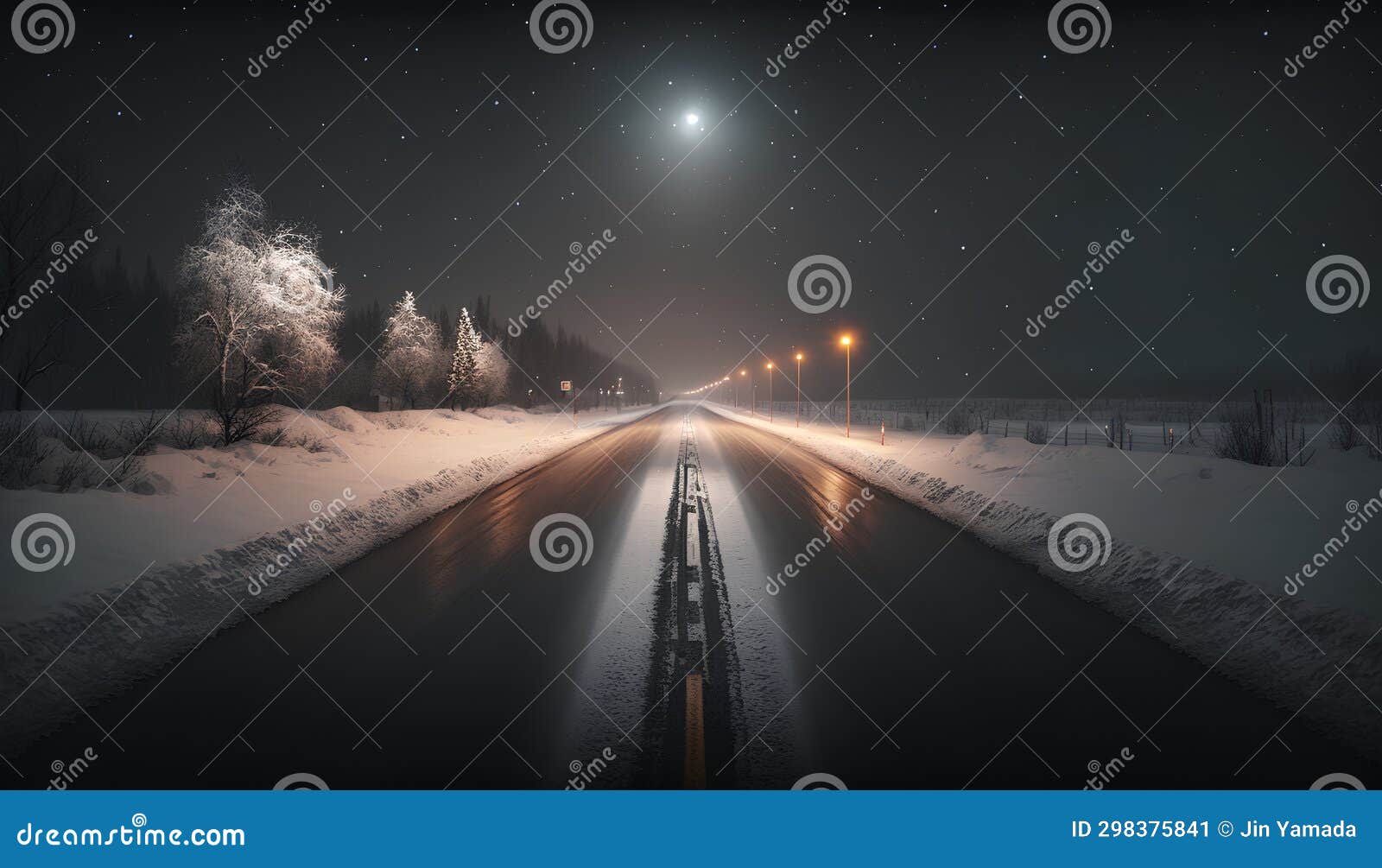 Winter Road at Night with Stars and Moon. 3d Rendering Stock ...