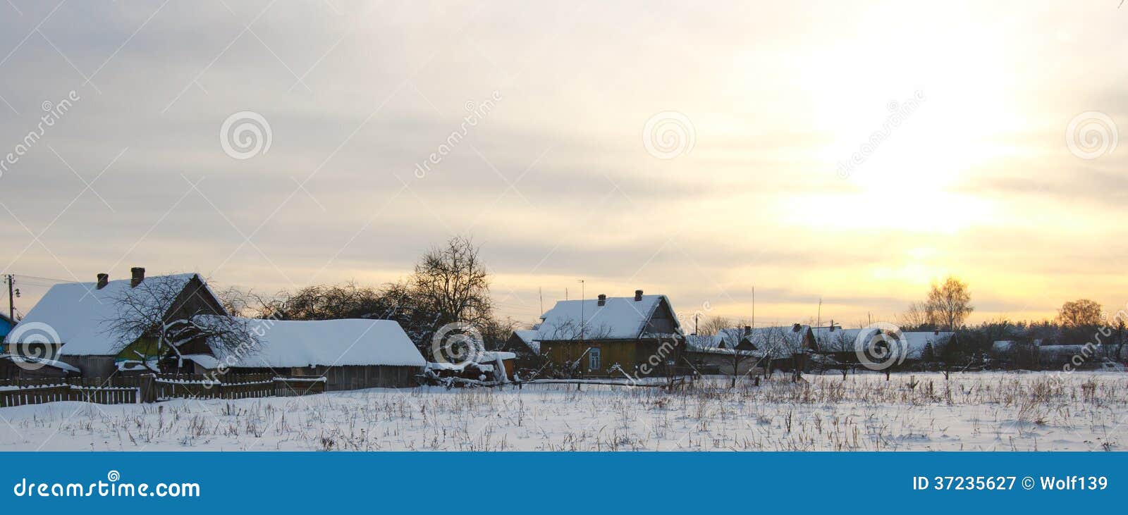 Winter Rural Landscape with Sunset Stock Image - Image of village ...