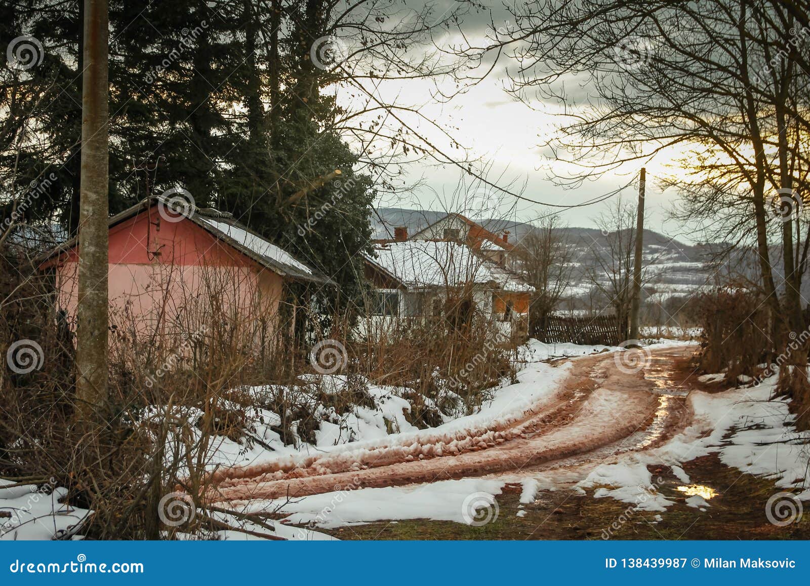 Winter Rural Scene at Sunset with Bits of Snow Stock Image - Image of ...