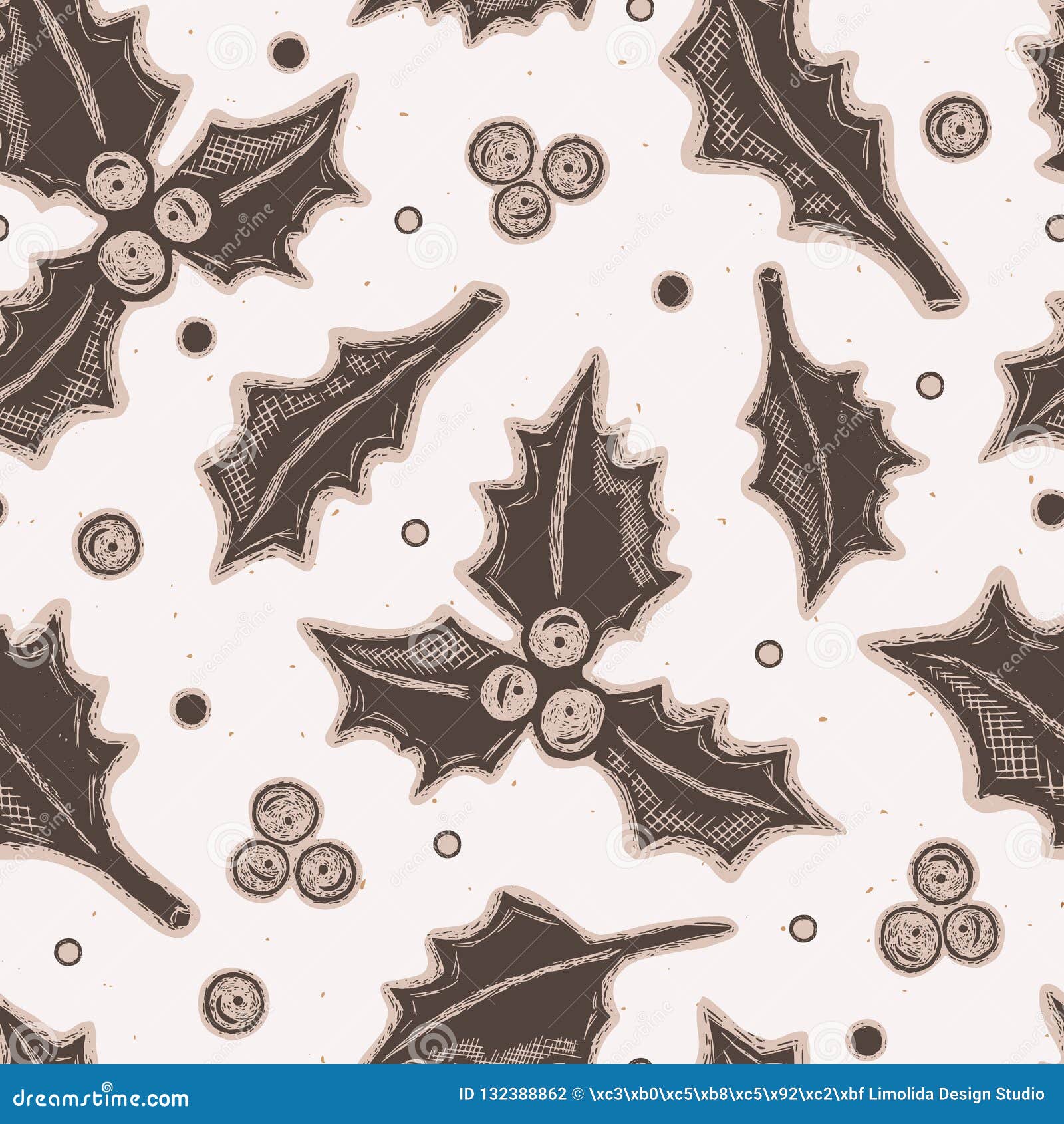 Winter Rustic Holly Lino Cut Texture Seamless Vector Pattern, Sketchy ...