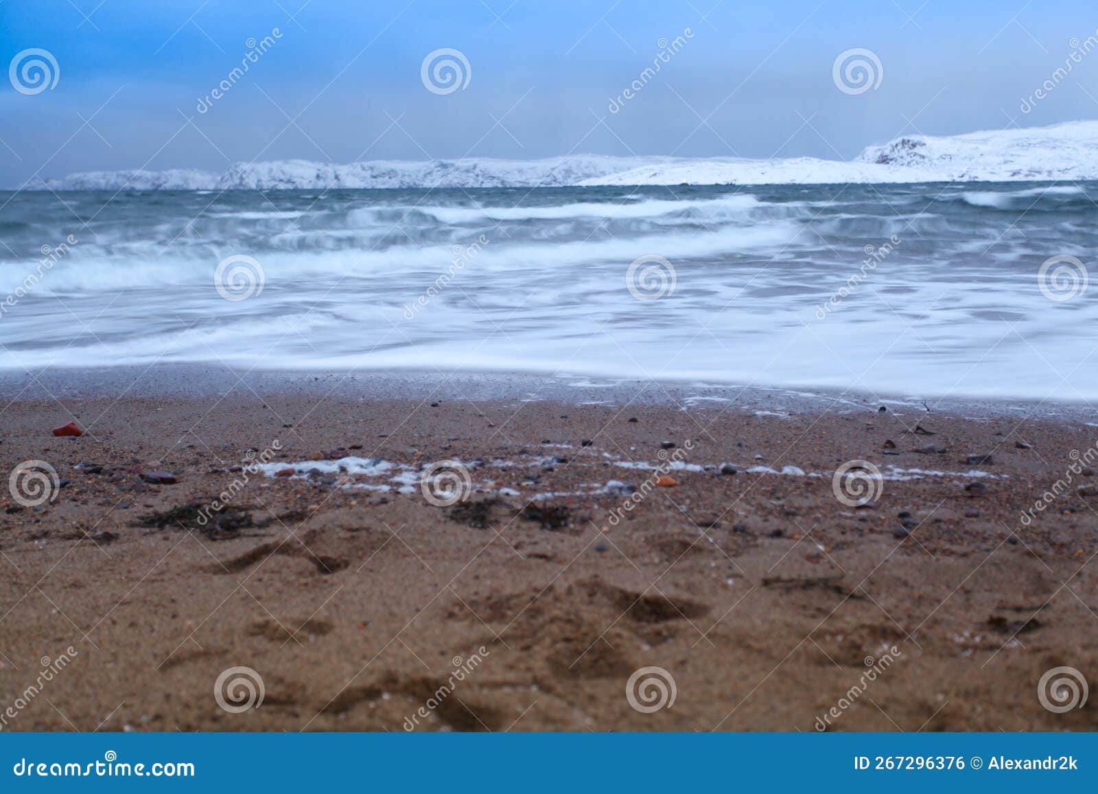 Winter Sandy Beach, Mountains Stock Photo - Image of wave, ocean: 267296376