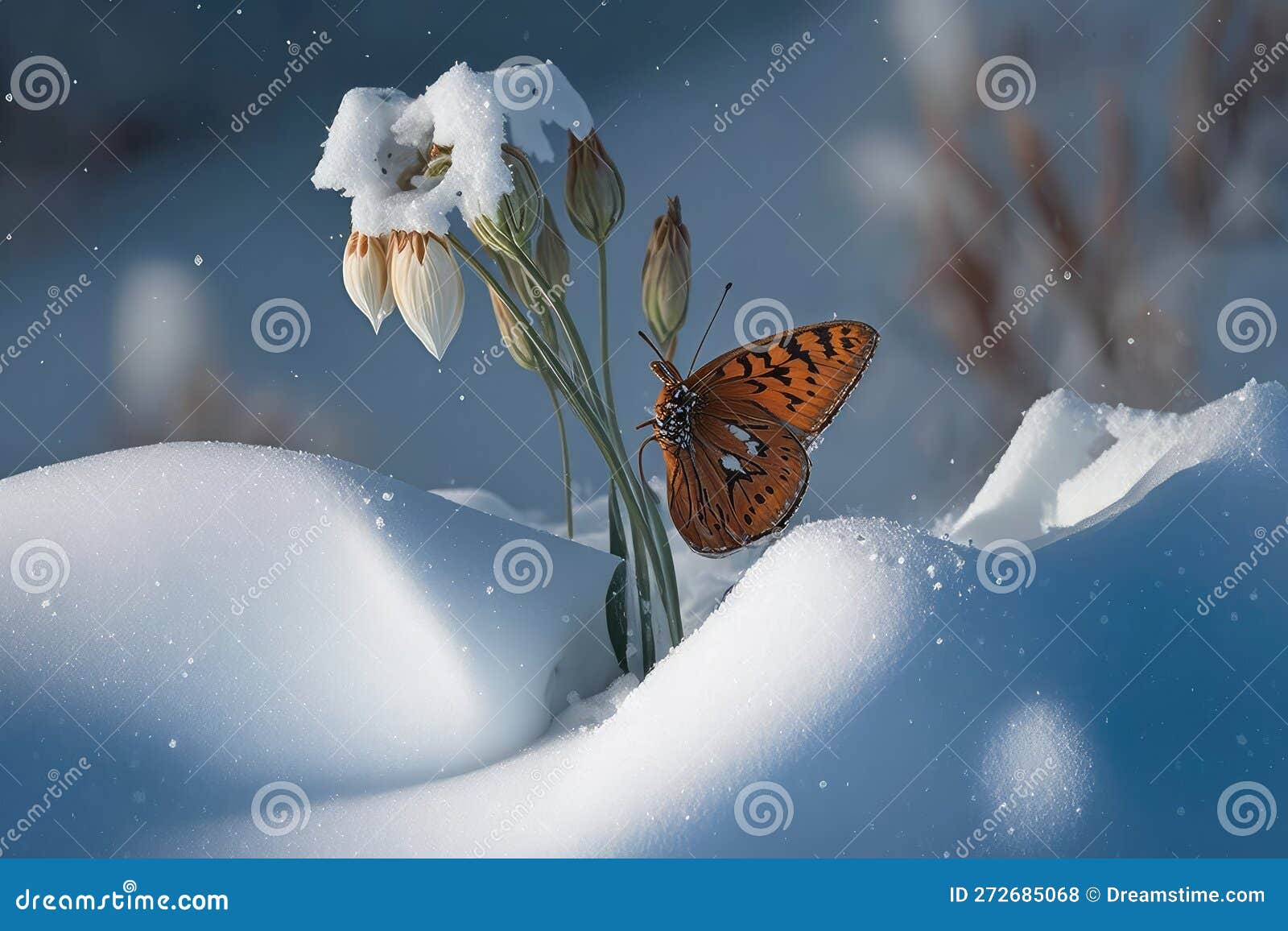 Winter Scene, with Butterfly Perched on Snow-covered Flower Stock ...