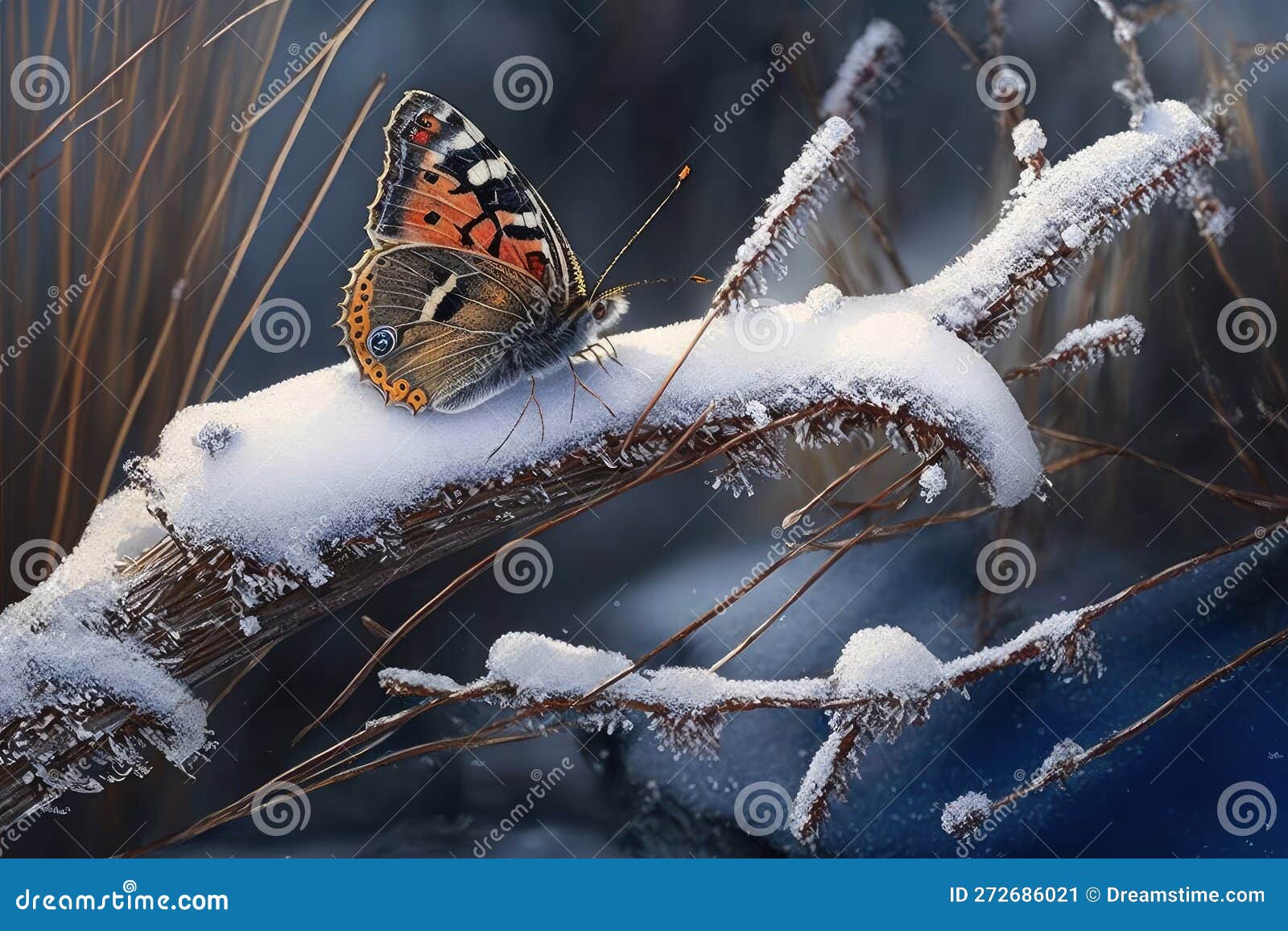Winter Scene, with Butterfly Perched on Snow-covered Twig Stock Image ...