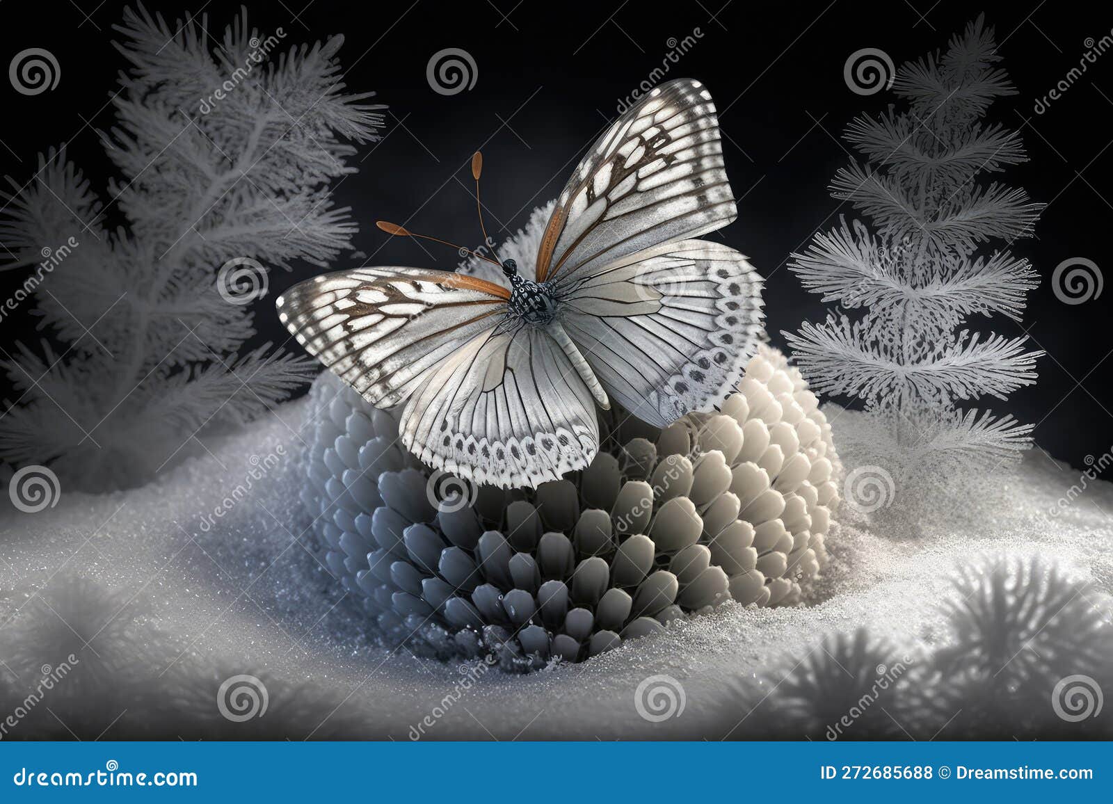Winter Scene with Butterfly Perched on Snowflake Stock Illustration ...
