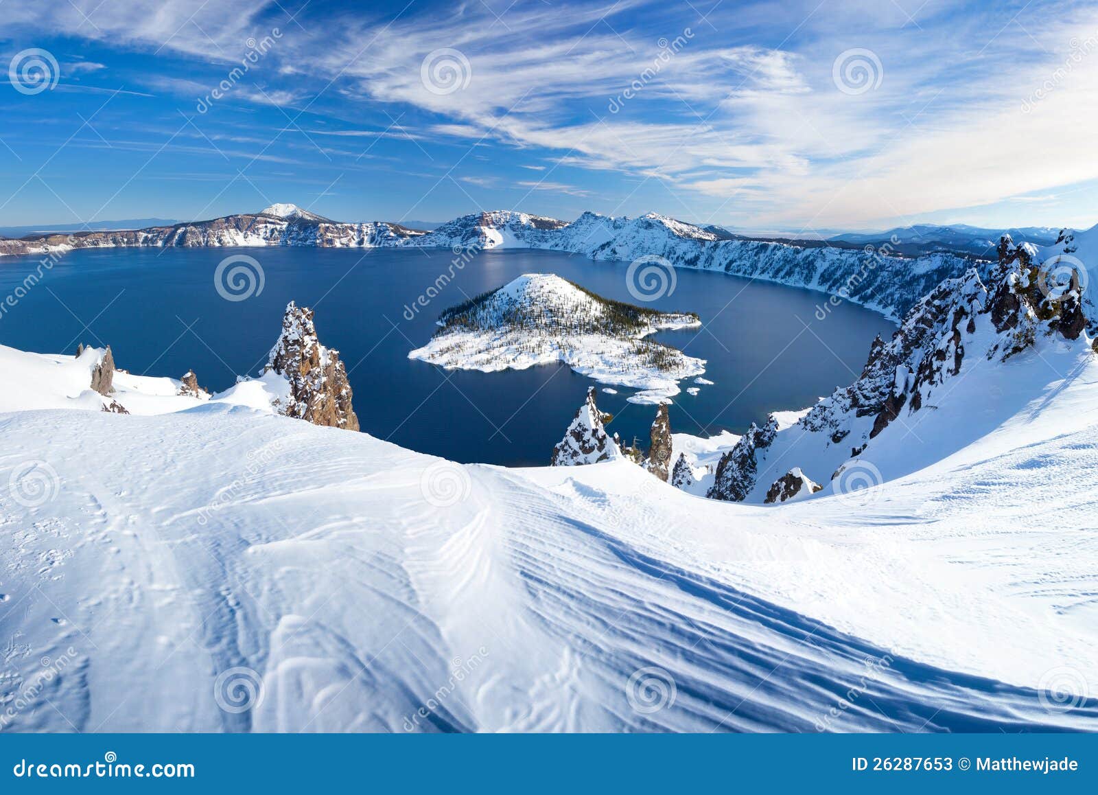 Winter Scene at Crater Lake Volcano Stock Image - Image of mountains ...