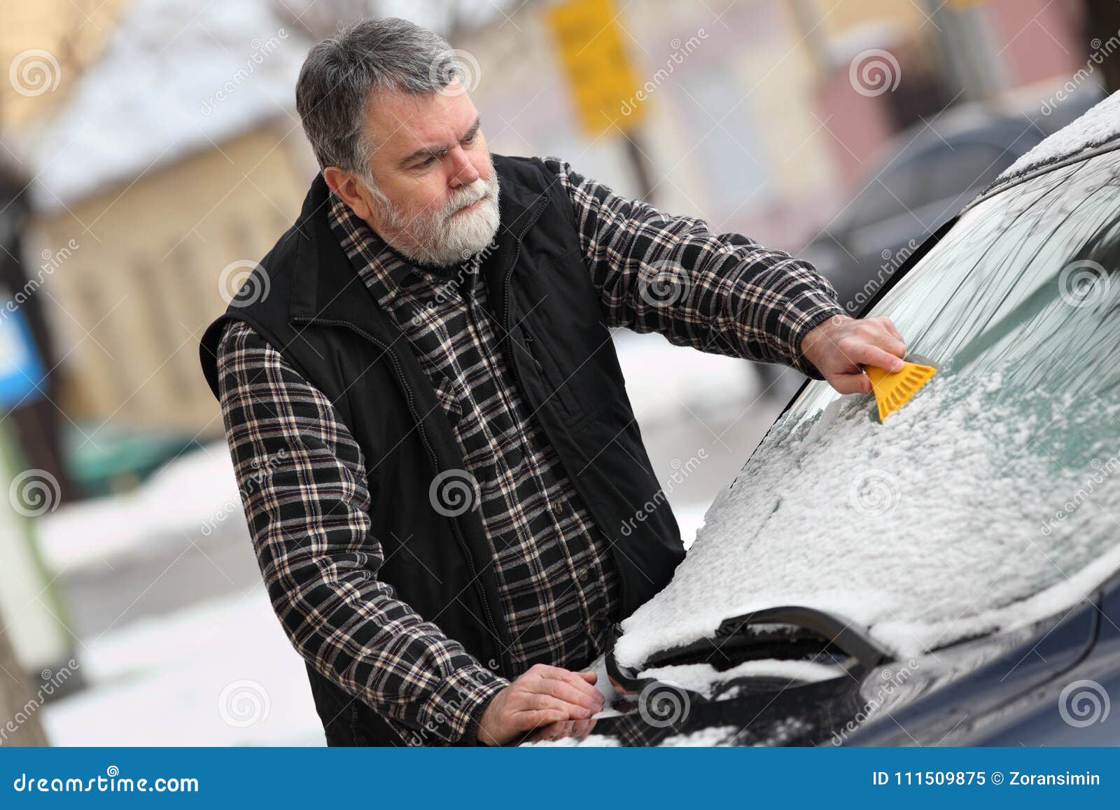 Winter Scene, Driver Cleaning Windshield of Car Stock Image - Image of ...