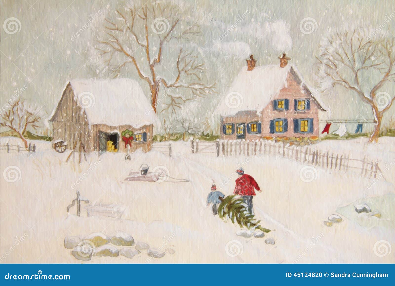 Winter Scene of a Farm with People Stock Illustration - Illustration of ...