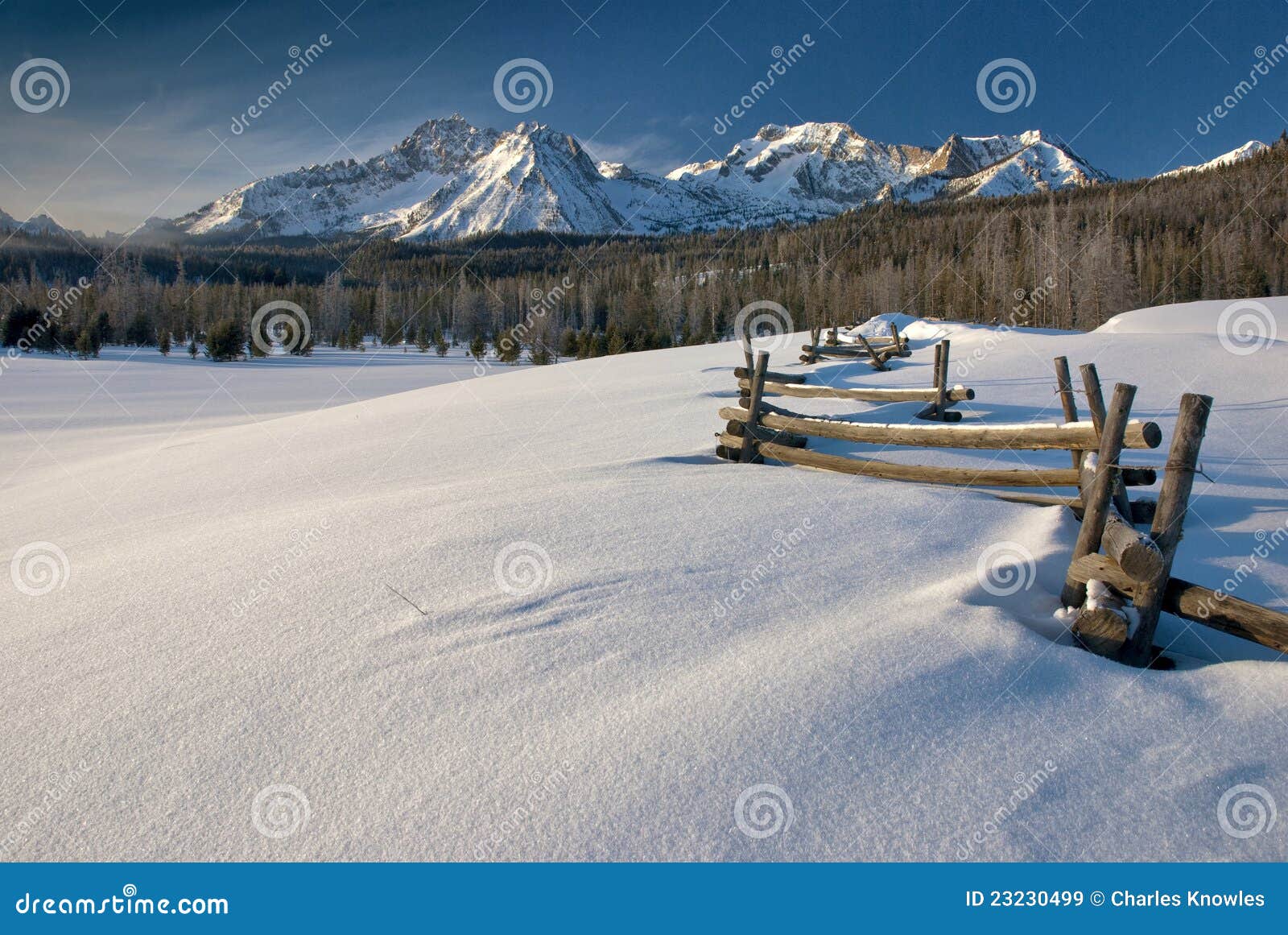Winter Scene with a Log Fence Stock Image - Image of snow, winter: 23230499