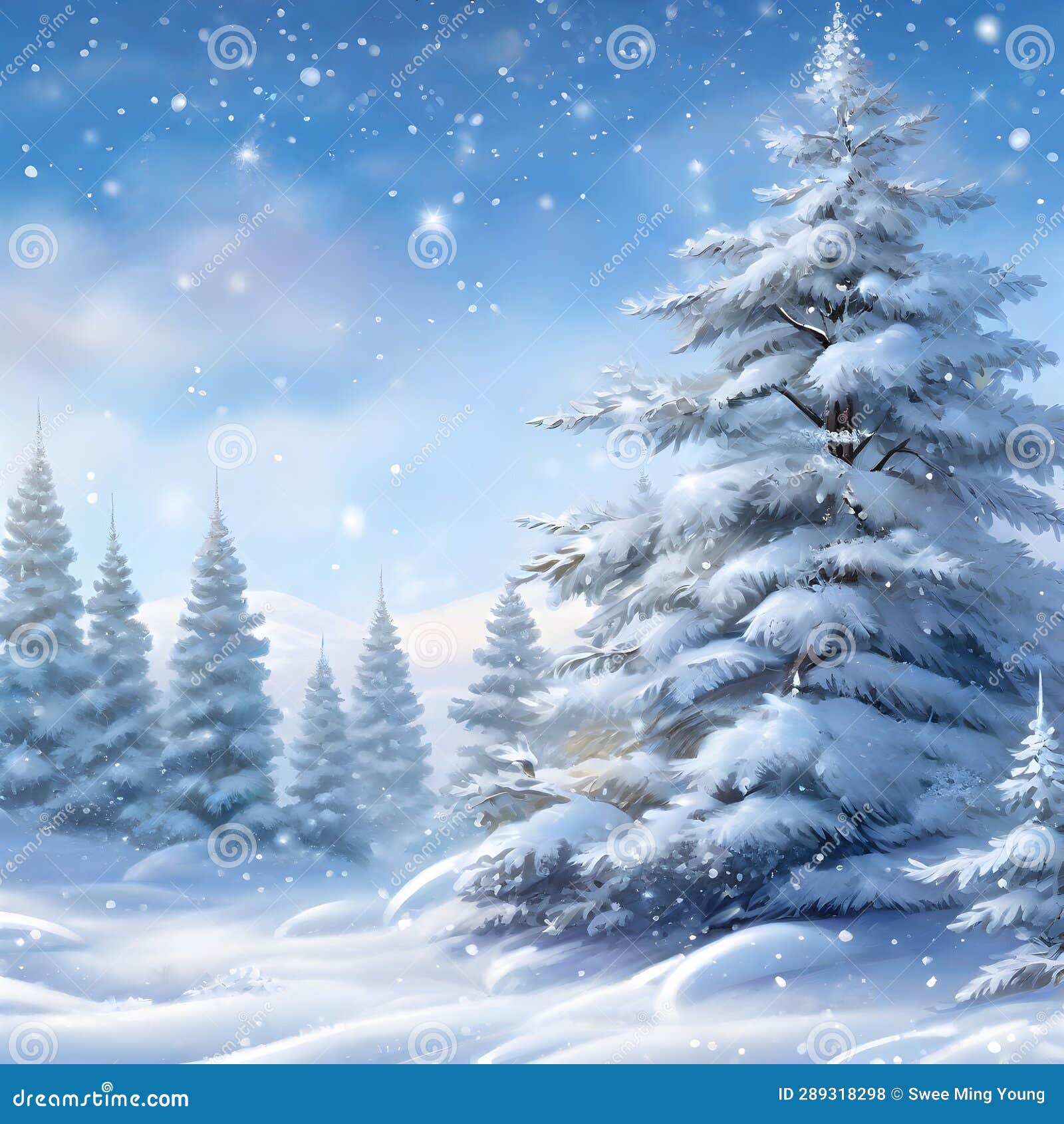 Winter Scene with a Snow-covered Forest and Spruce Tree with a Flurry ...