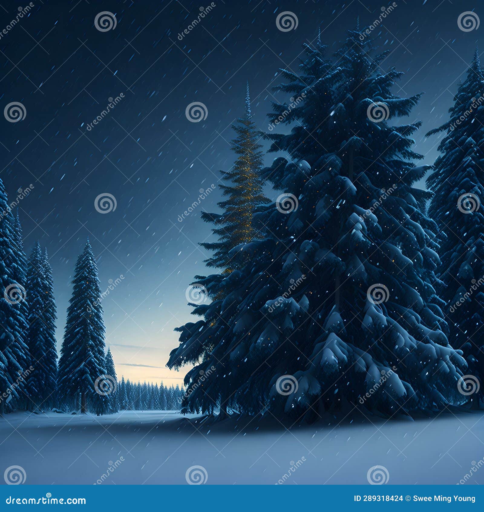 Winter Scene with a Snow-covered Forest and Spruce Tree with a Flurry ...