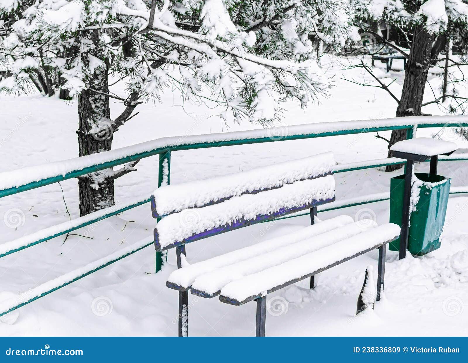 Winter Scene with Snow Covered Trees and Bench Stock Image - Image of ...