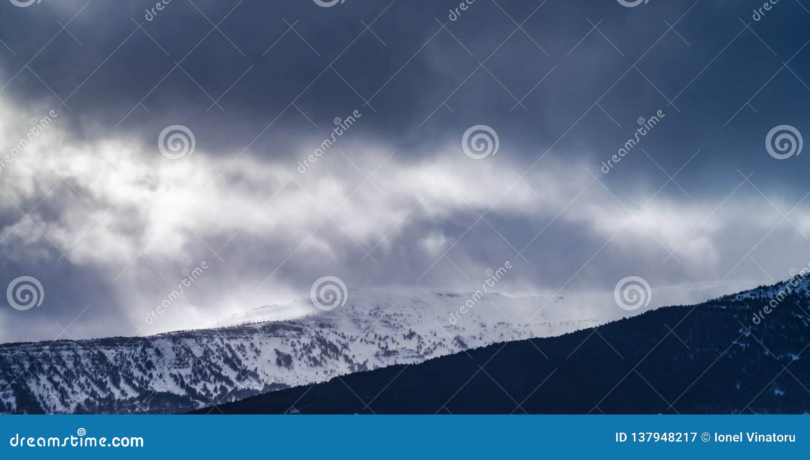 Winter Scene with Snowy Mountain and Blizzard Stock Image - Image of ...