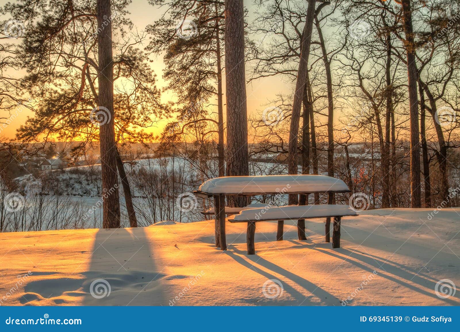 Winter Scene, Table, Bench and Trees in the Snow on the Sunset. Stock ...