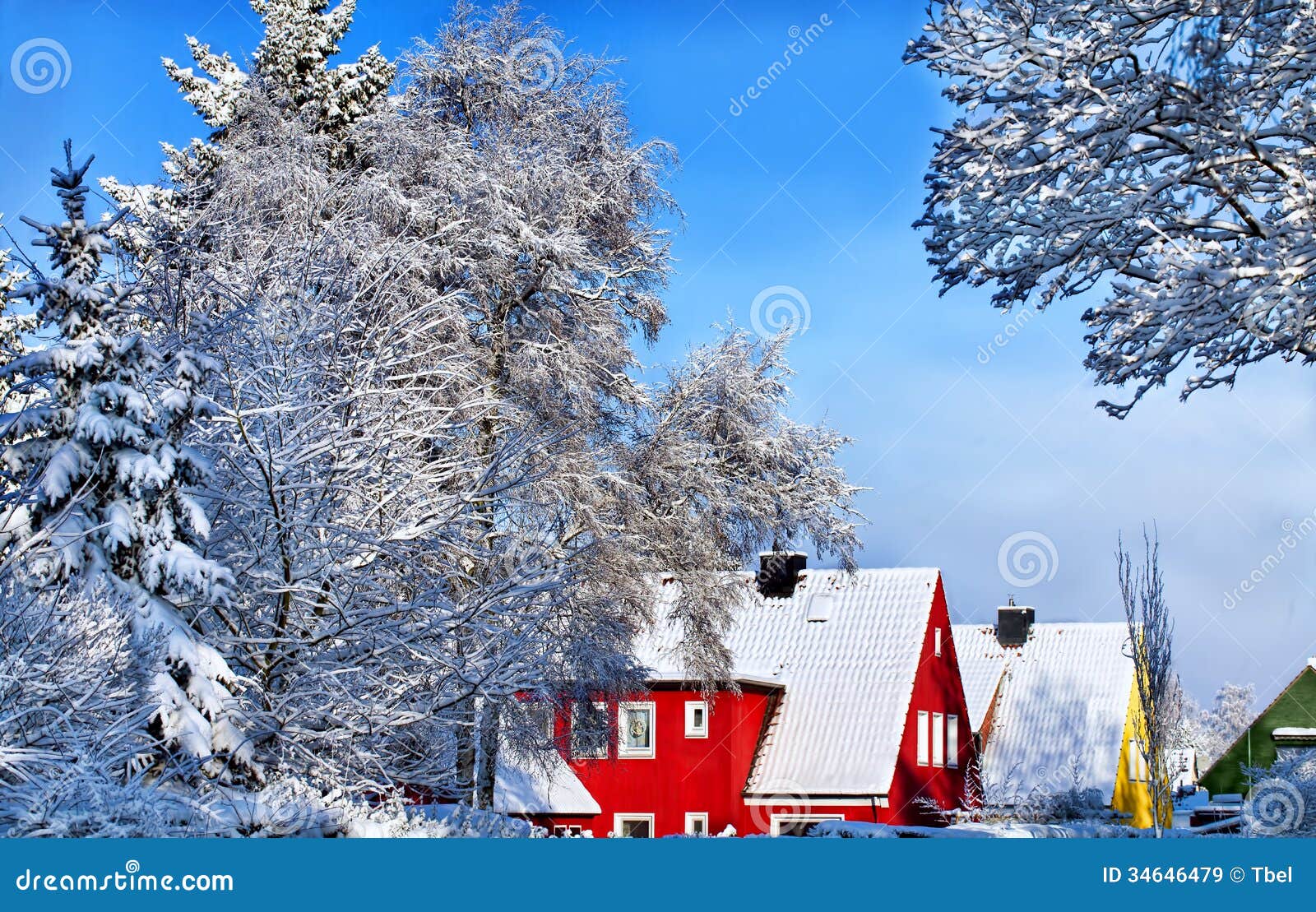 Winter scene with trees stock image. Image of frost, house - 34646479