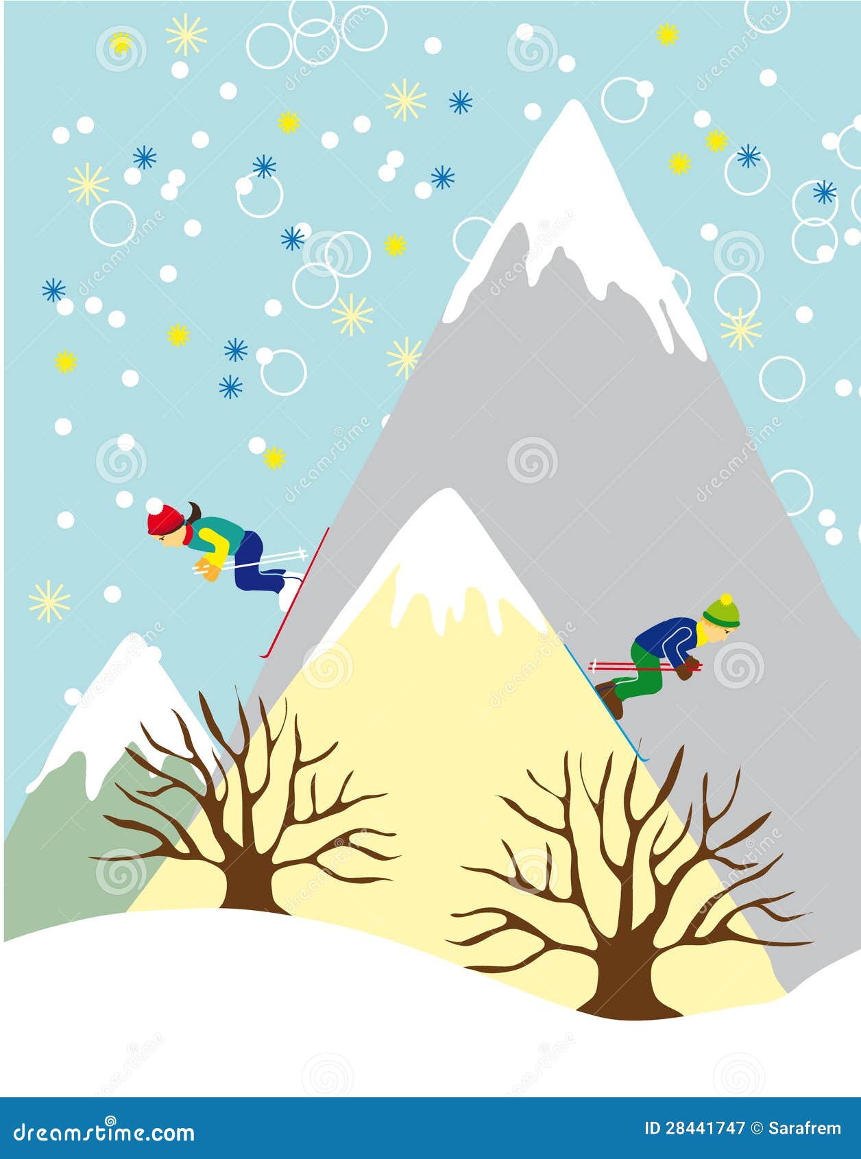 Winter Scene with Two Skiers Stock Illustration - Illustration of girl ...