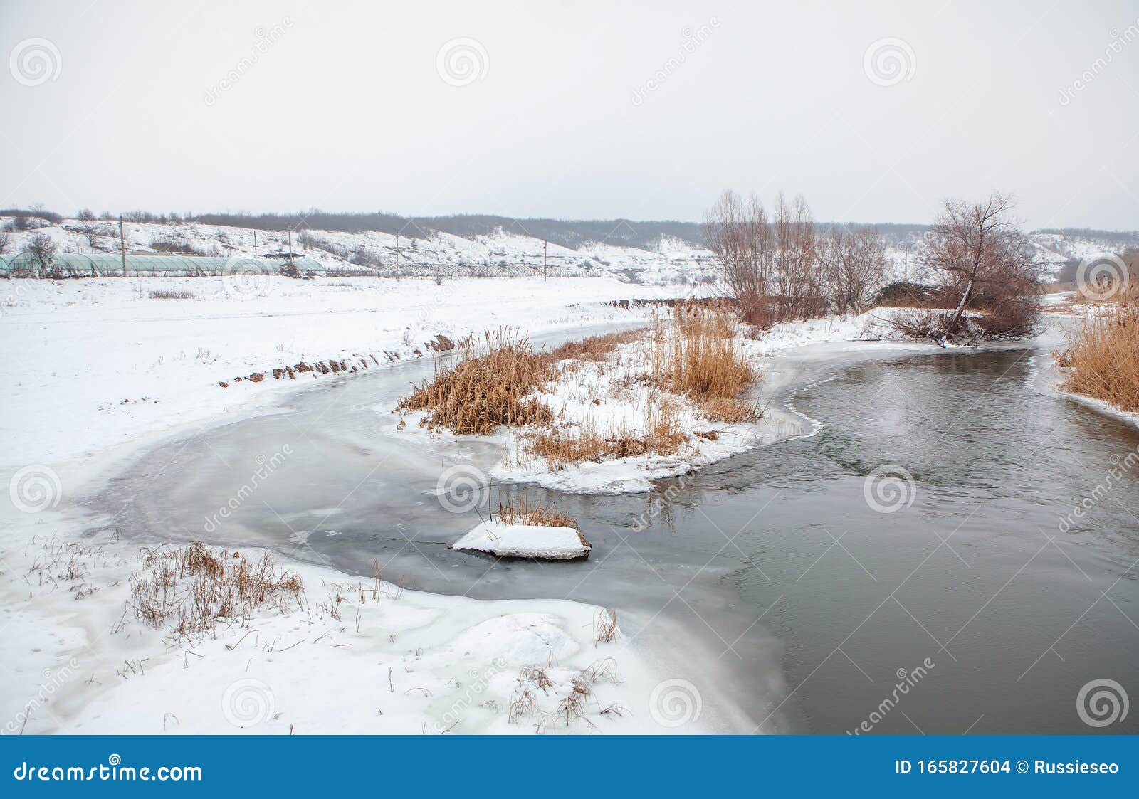 Winter scenery with brook stock photo. Image of scene - 165827604