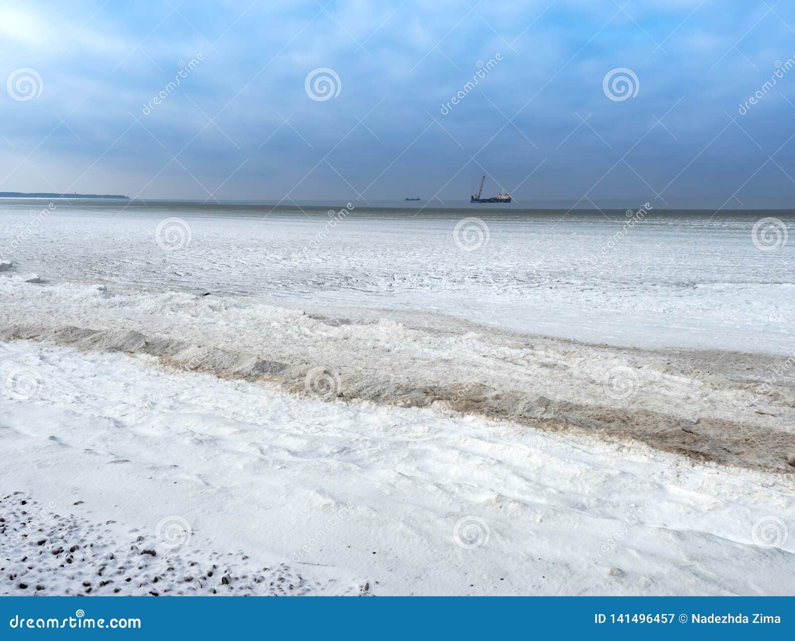 Winter Sea and a Ship on the Horizon, Ice Sludge in the Sea Stock Image ...