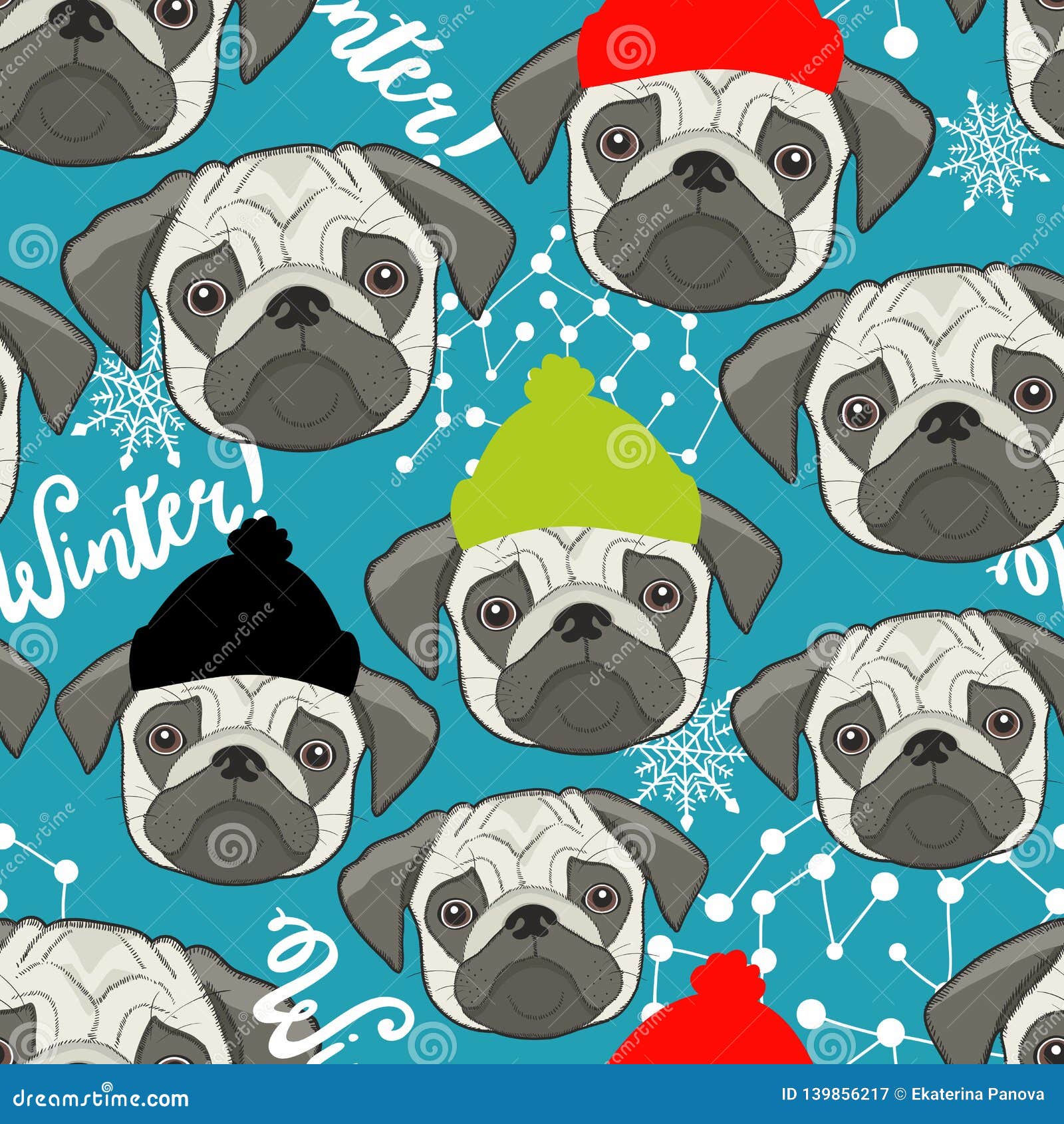 Winter Seamless Pattern with Cute Pugs Faces. Stock Vector ...