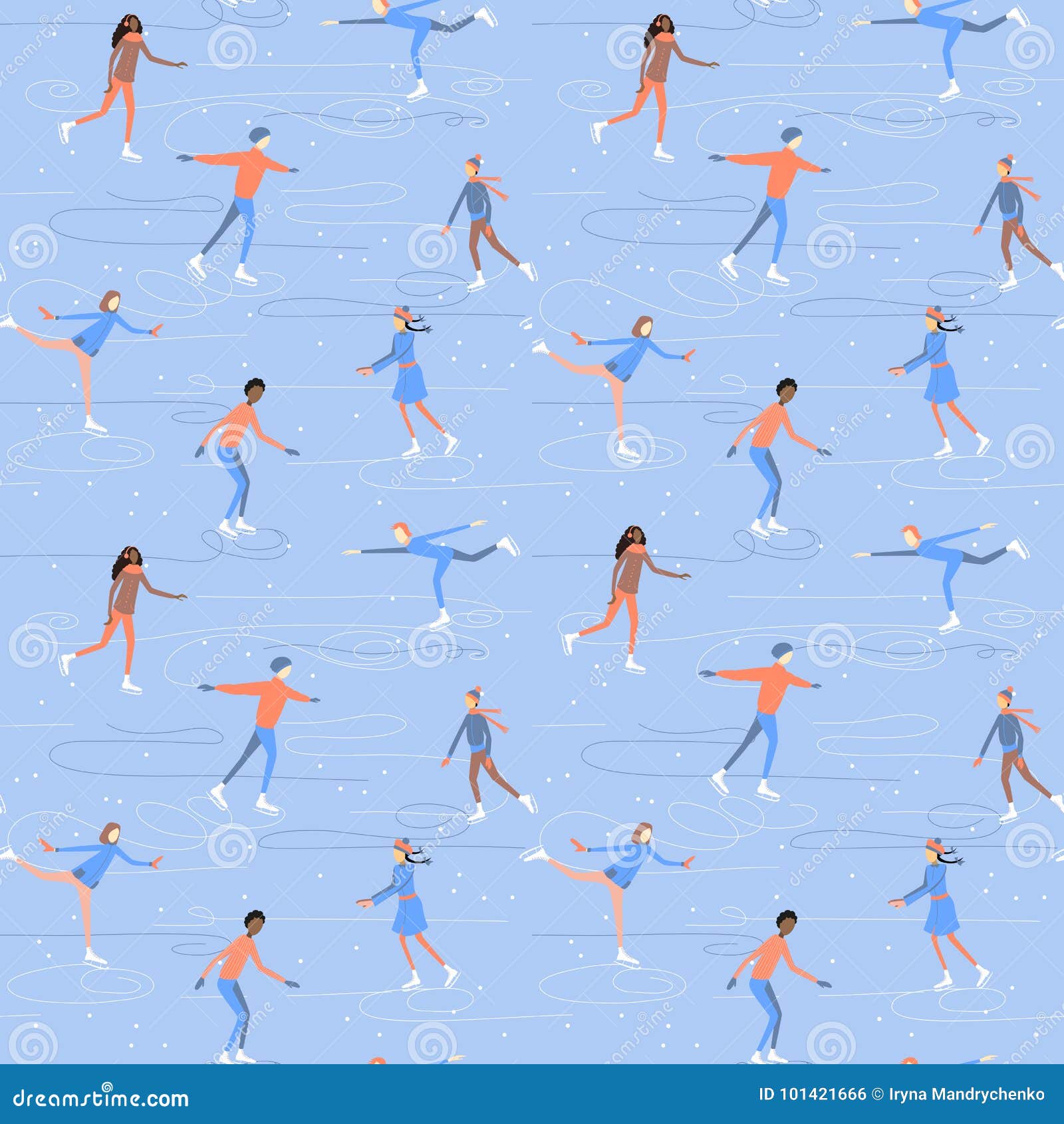 Winter Seamless Pattern with Ice-skating People Characters. Vector ...