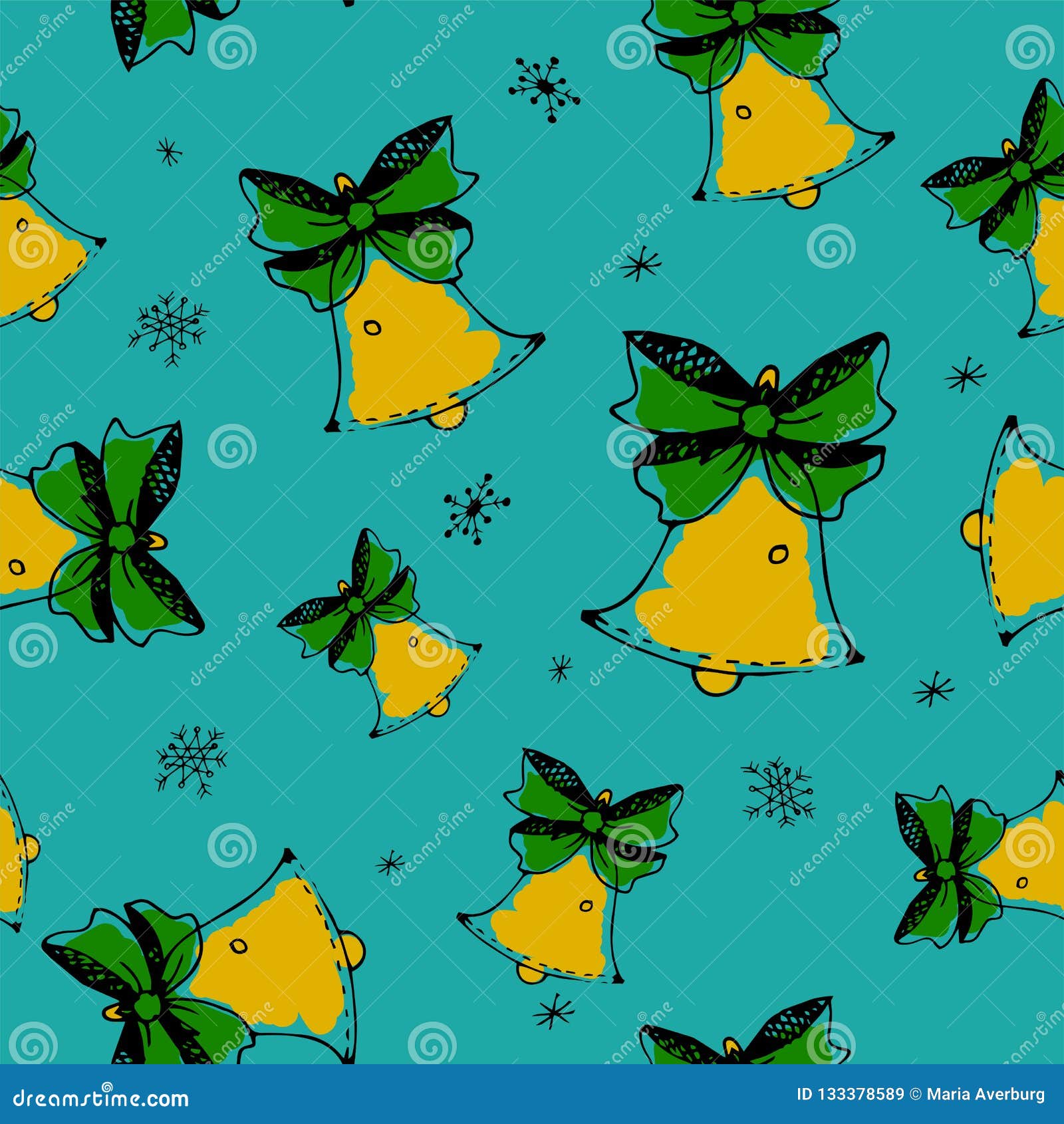 Winter Seamless Pattern with Jingle Bells. Doodle Hand Drawn Bells ...