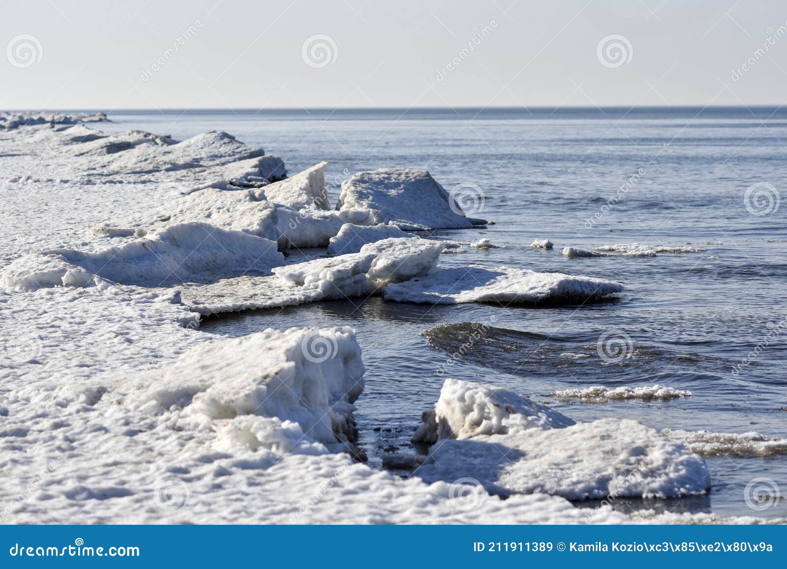 Winter Seaside Landscape, Melting Ice and Snow on the Beach Stock Image ...