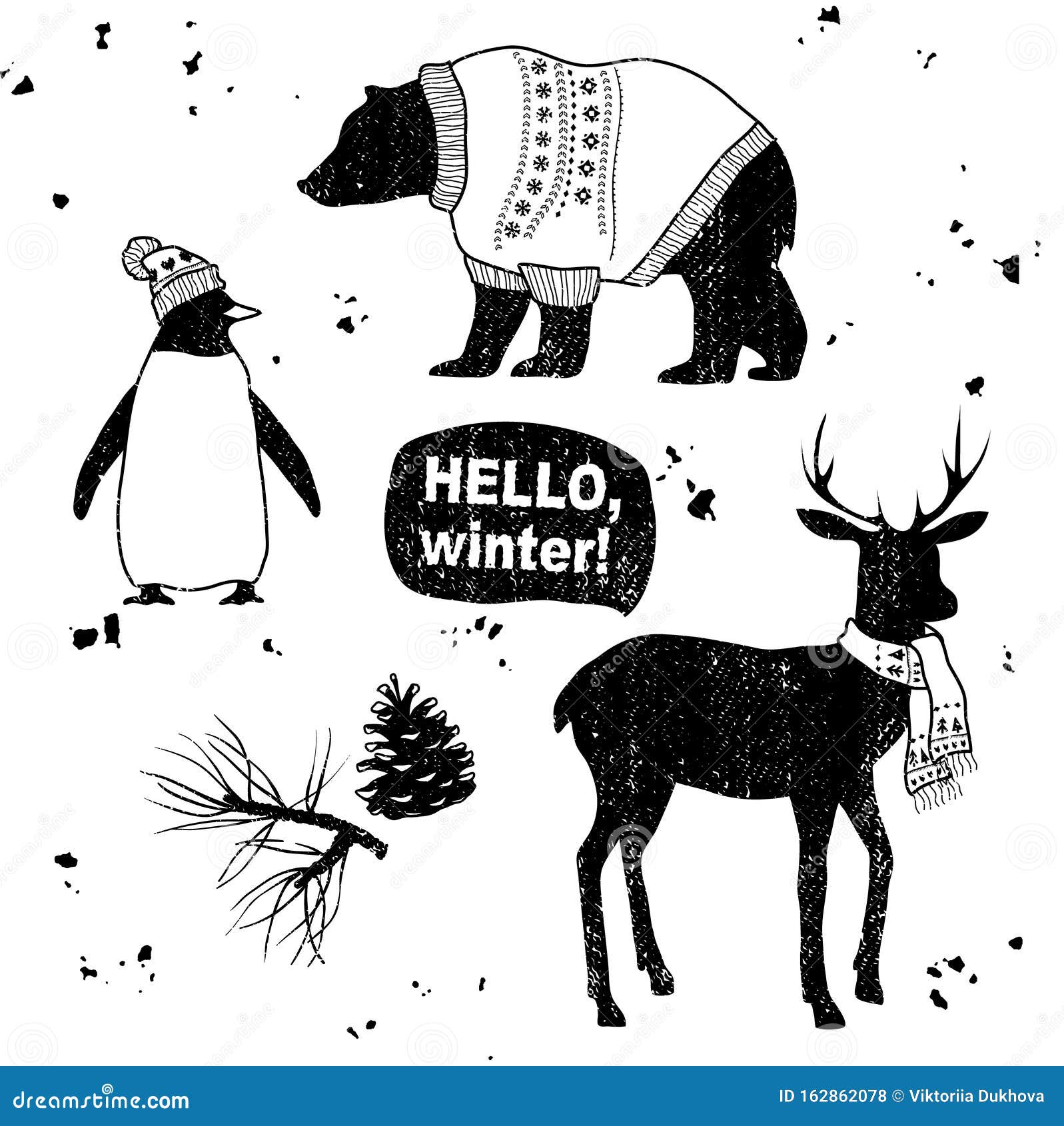 Winter Set. Cartoon Animals. Seasonal Vector Elements Stock ...