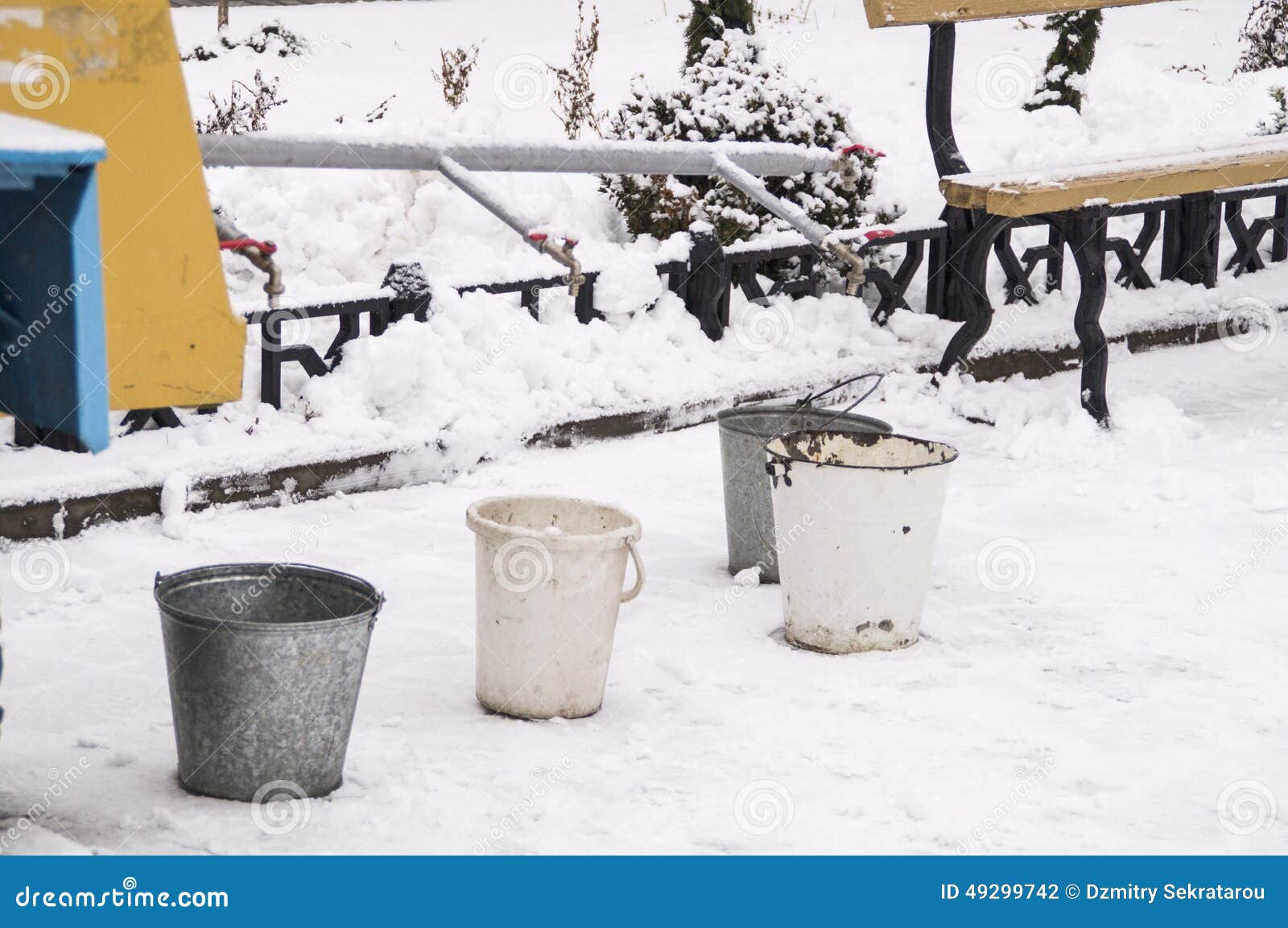 Winter. Set of Water through the Comb into Several Buckets Stock Photo ...