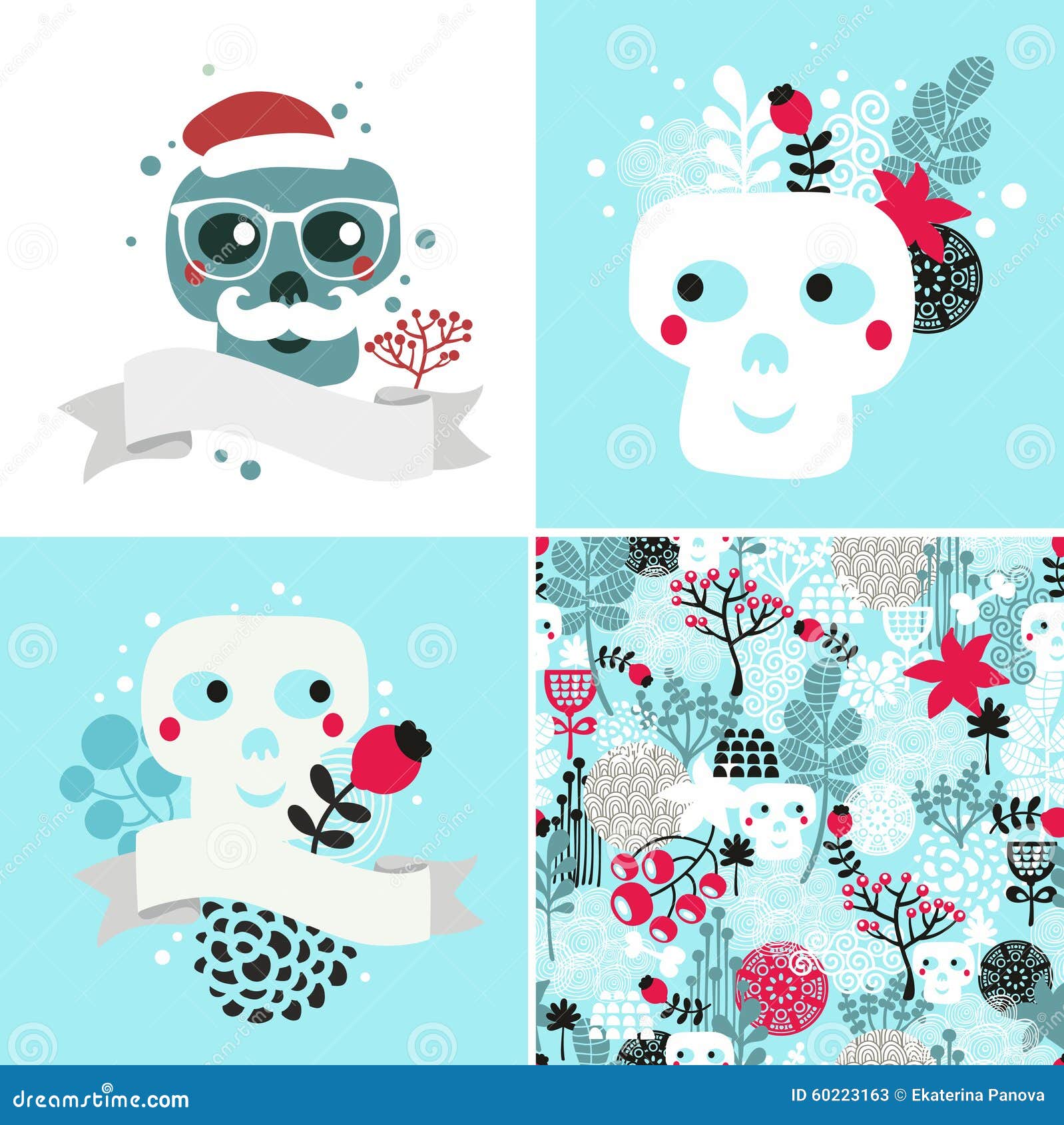 Winter Skulls Illustrations Set Stock Vector - Illustration of bone ...