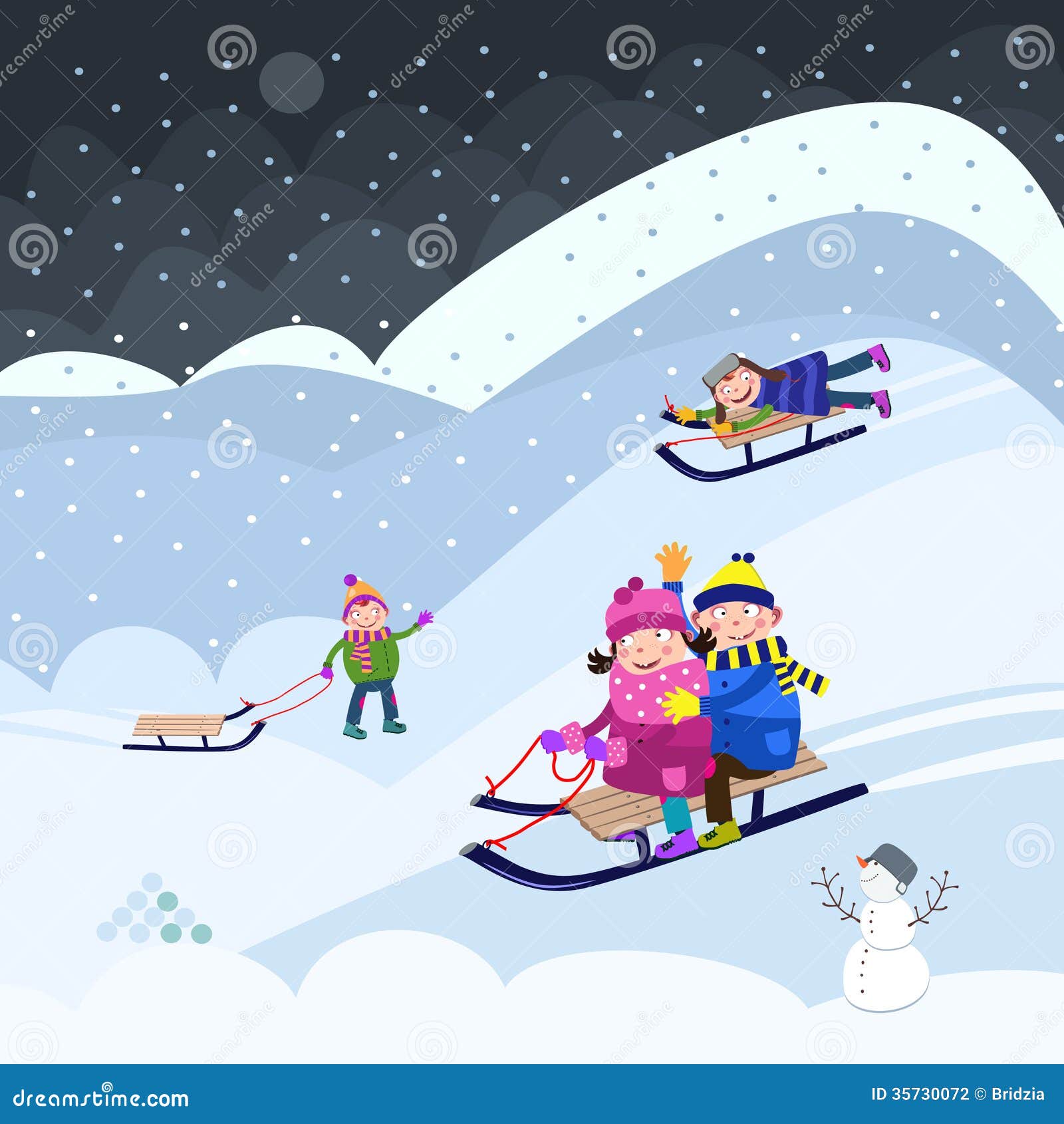 Winter Sledding, Fun Flat Vector Illustration. Little Boy And Girl In ...