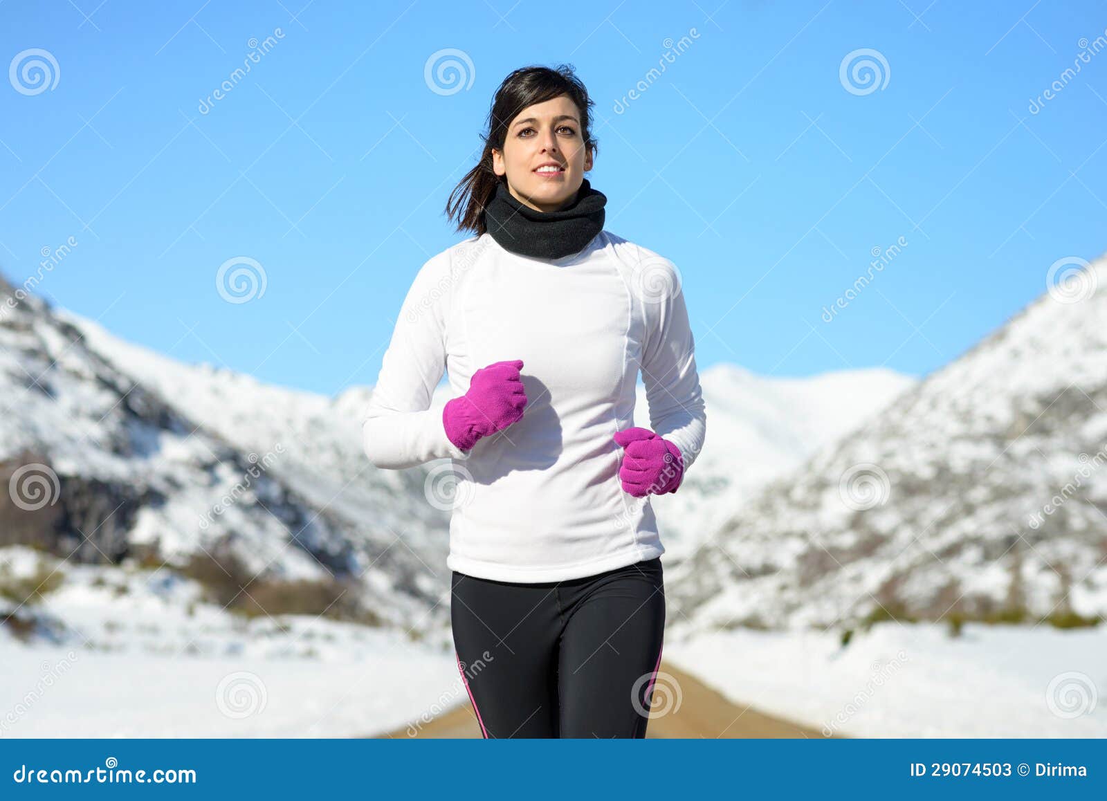 Winter Snow Female Athlete Running Stock Image - Image of happy, jogger ...
