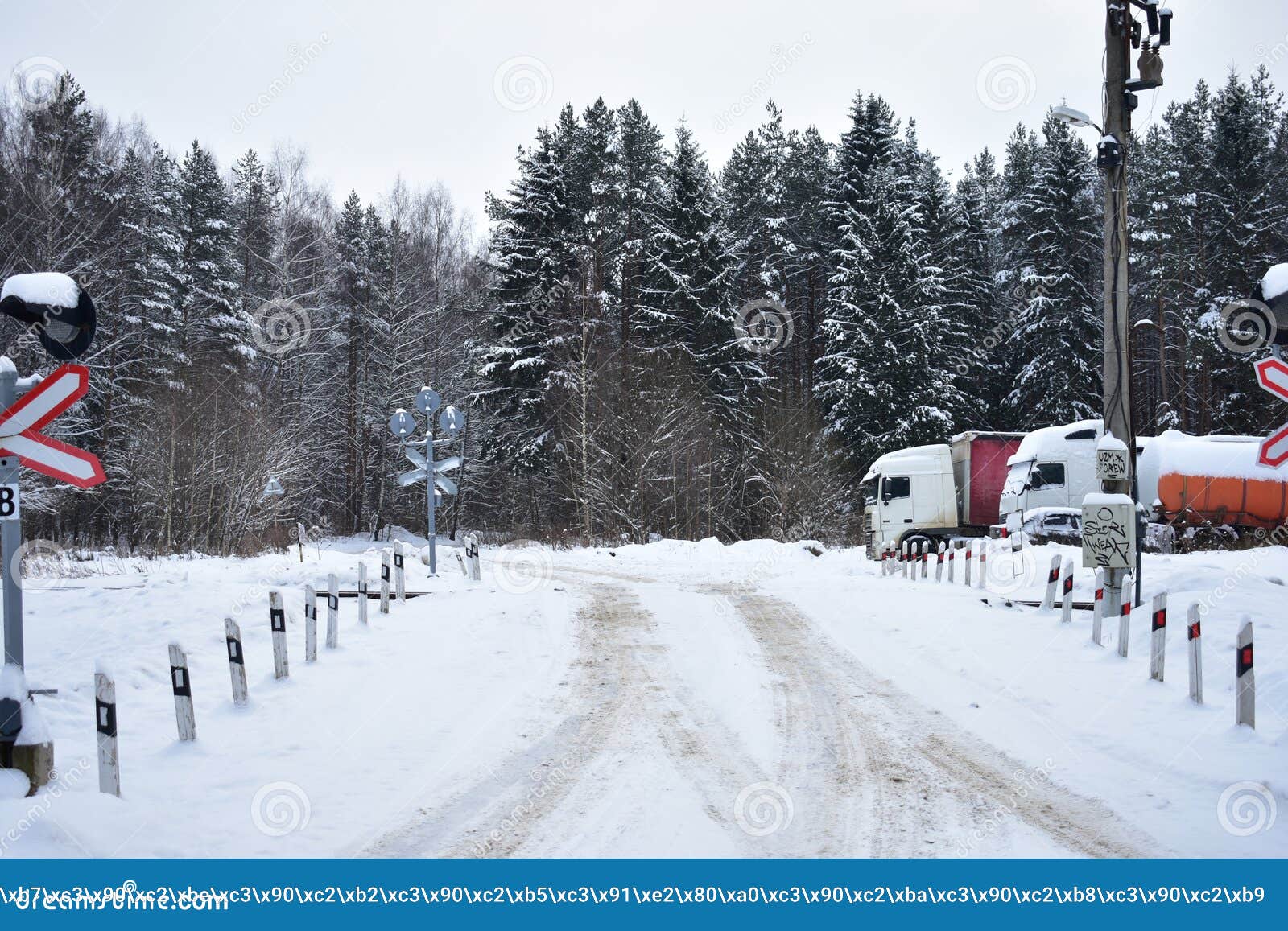 Winter Snow Forest. Railway Crossing, Intersection. Cloudy Sky Stock ...