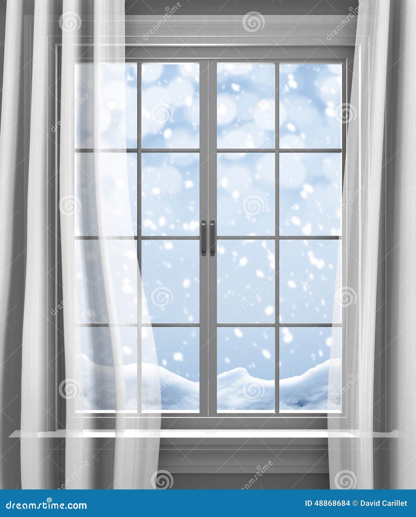 Winter Snow Gently Falling Outside the Paned Window of a House Stock ...